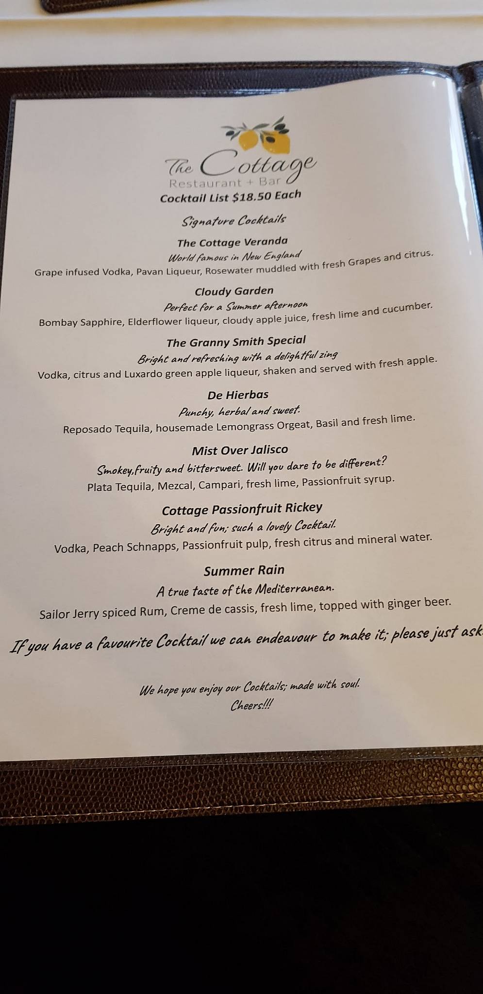 Menu at The Cottage Restaurant and Bar, Armidale