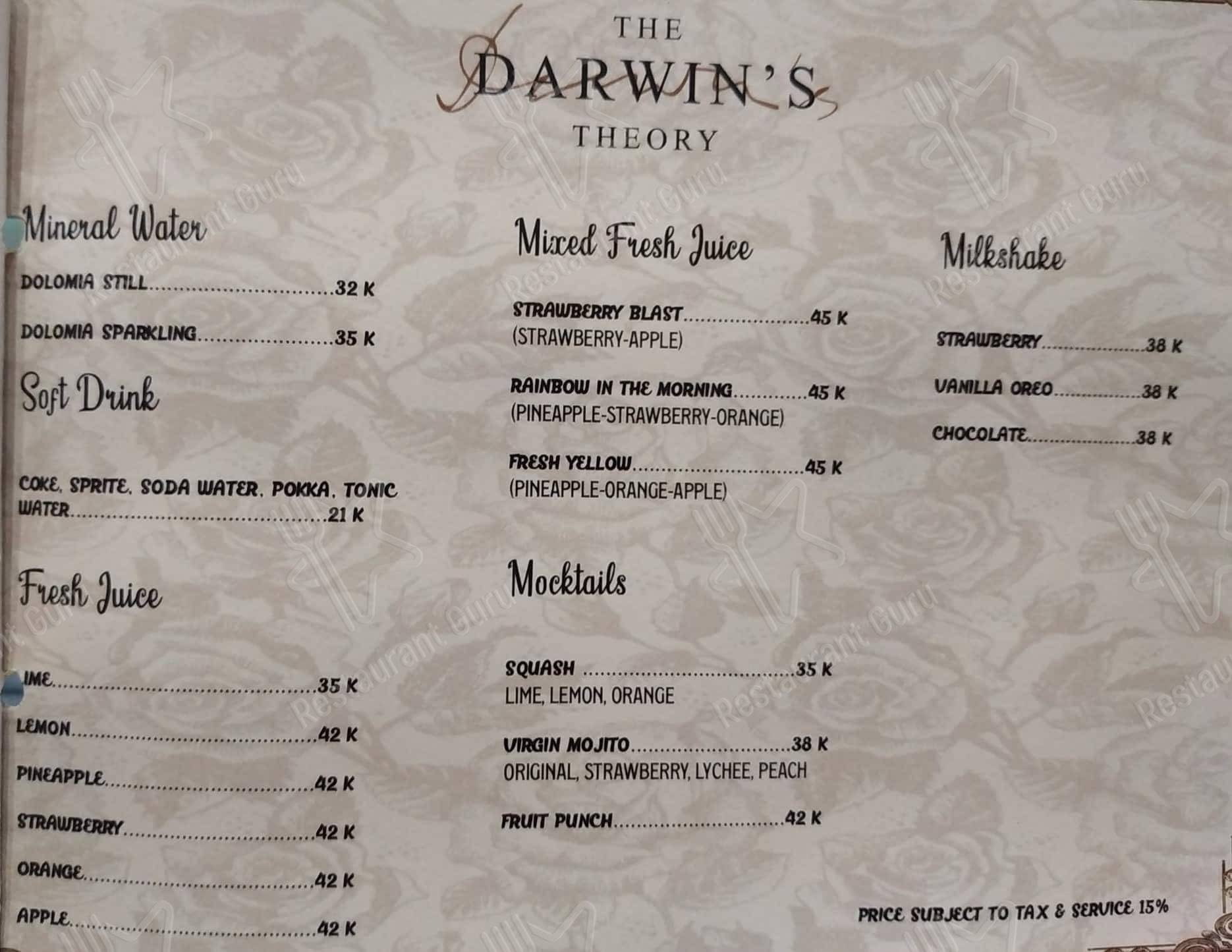 Menu at The Darwin's Theory Bistro & Lounge cafe, North Jakarta