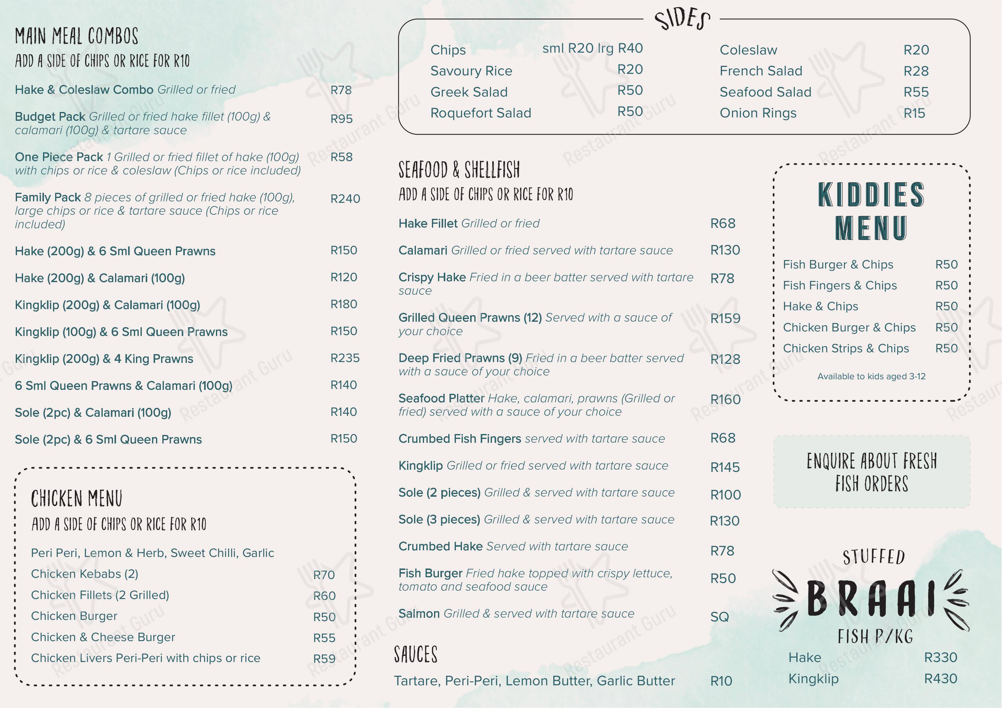 Menu at The Fisherman's Kitchen restaurant, Johannesburg