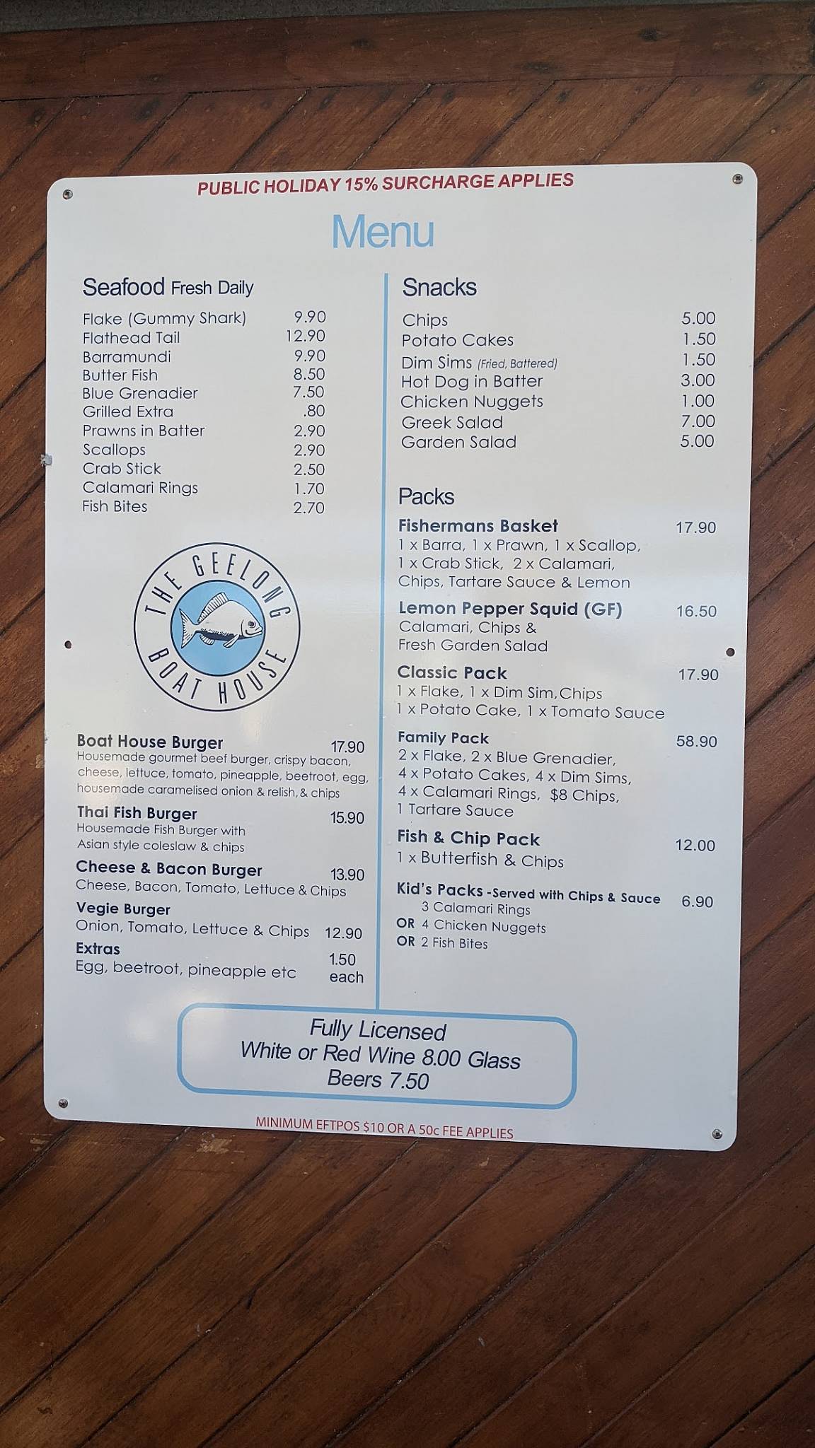 Menu at The Geelong Boat House restaurant, Geelong