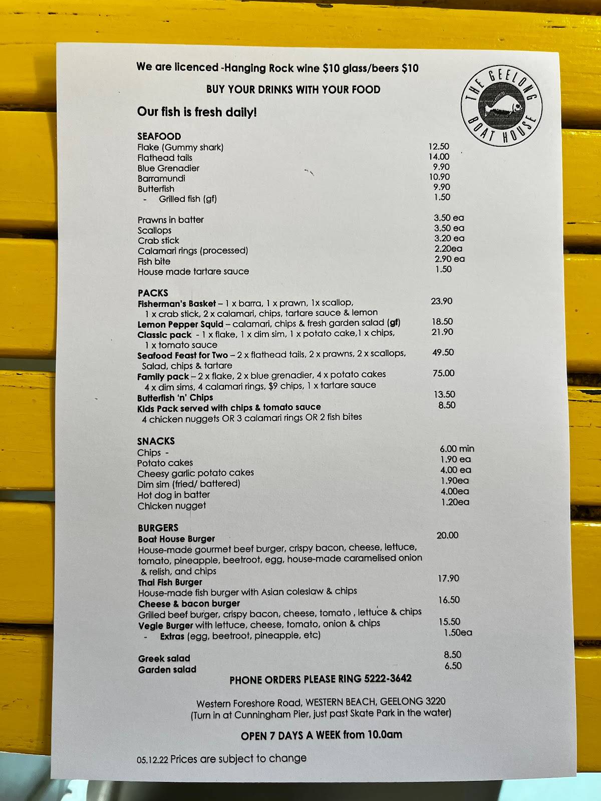 Menu at The Geelong Boat House restaurant, Geelong