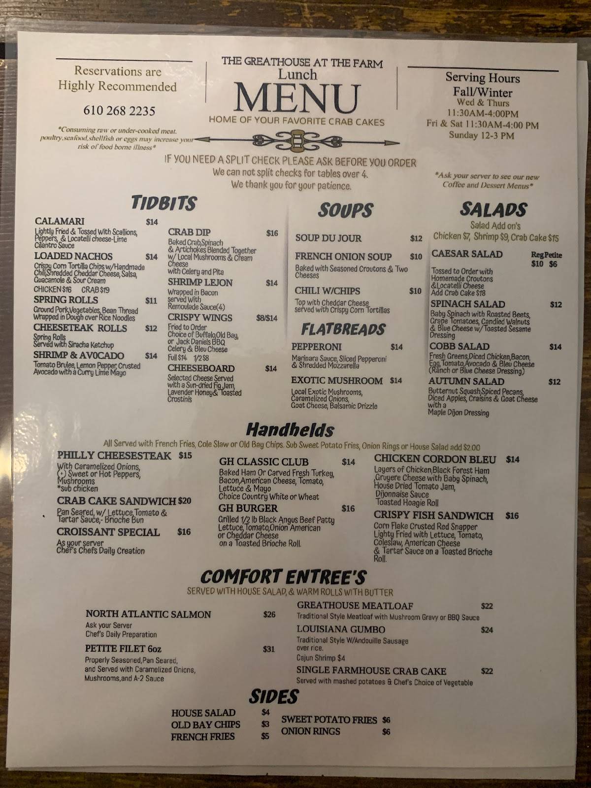 Menu at The Greathouse Restaurant at the Farm, Avondale