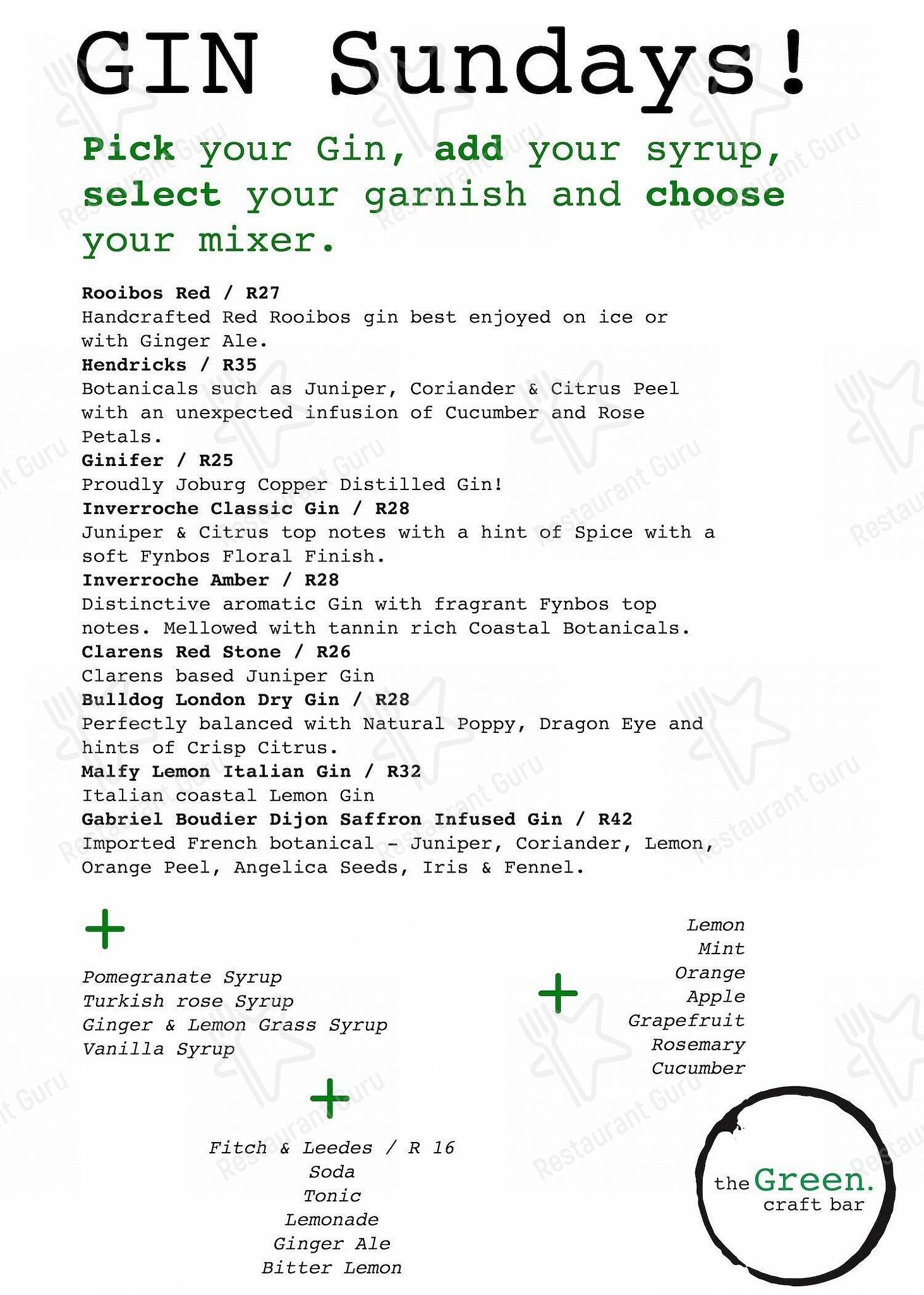 Menu at the Green Craft Bar - Benoni, Benoni