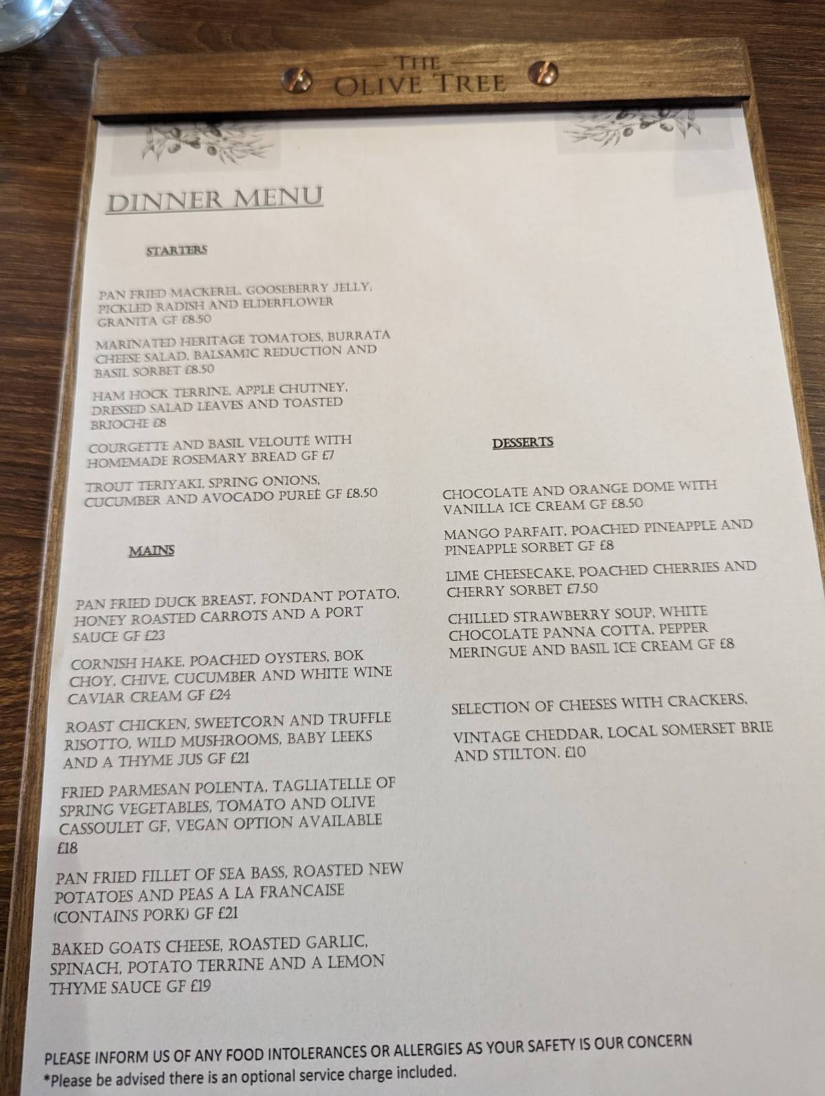 Carta de The Olive Tree Restaurant, Wells