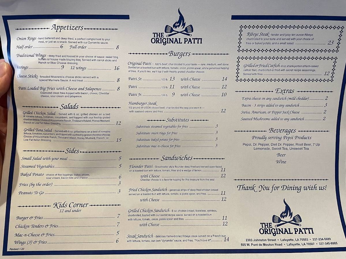 Menu at The Original Patti restaurant, Lafayette, 505 W Pont Des Mouton ...