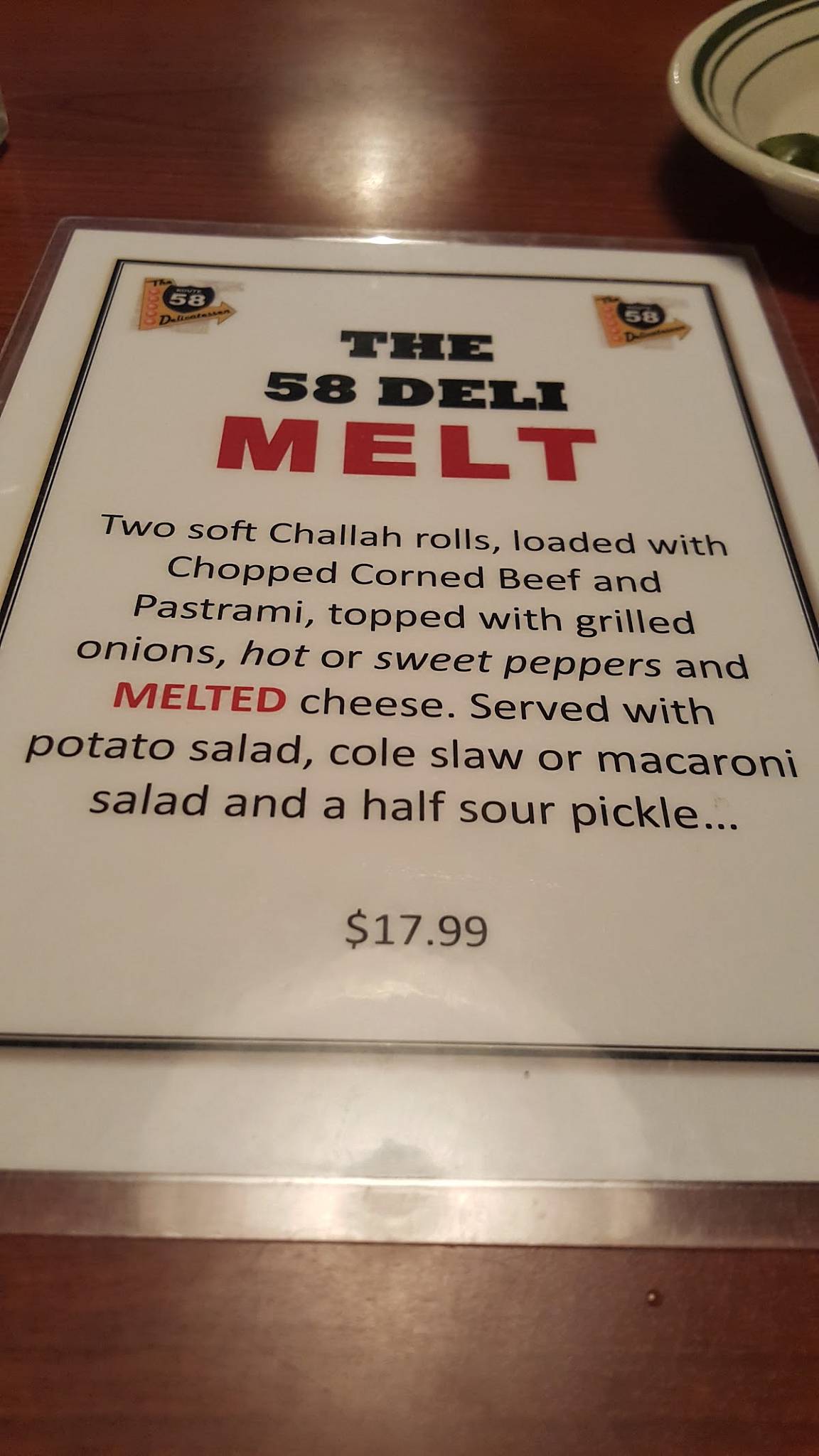 Menu at The Route 58 Deli restaurant, Virginia Beach