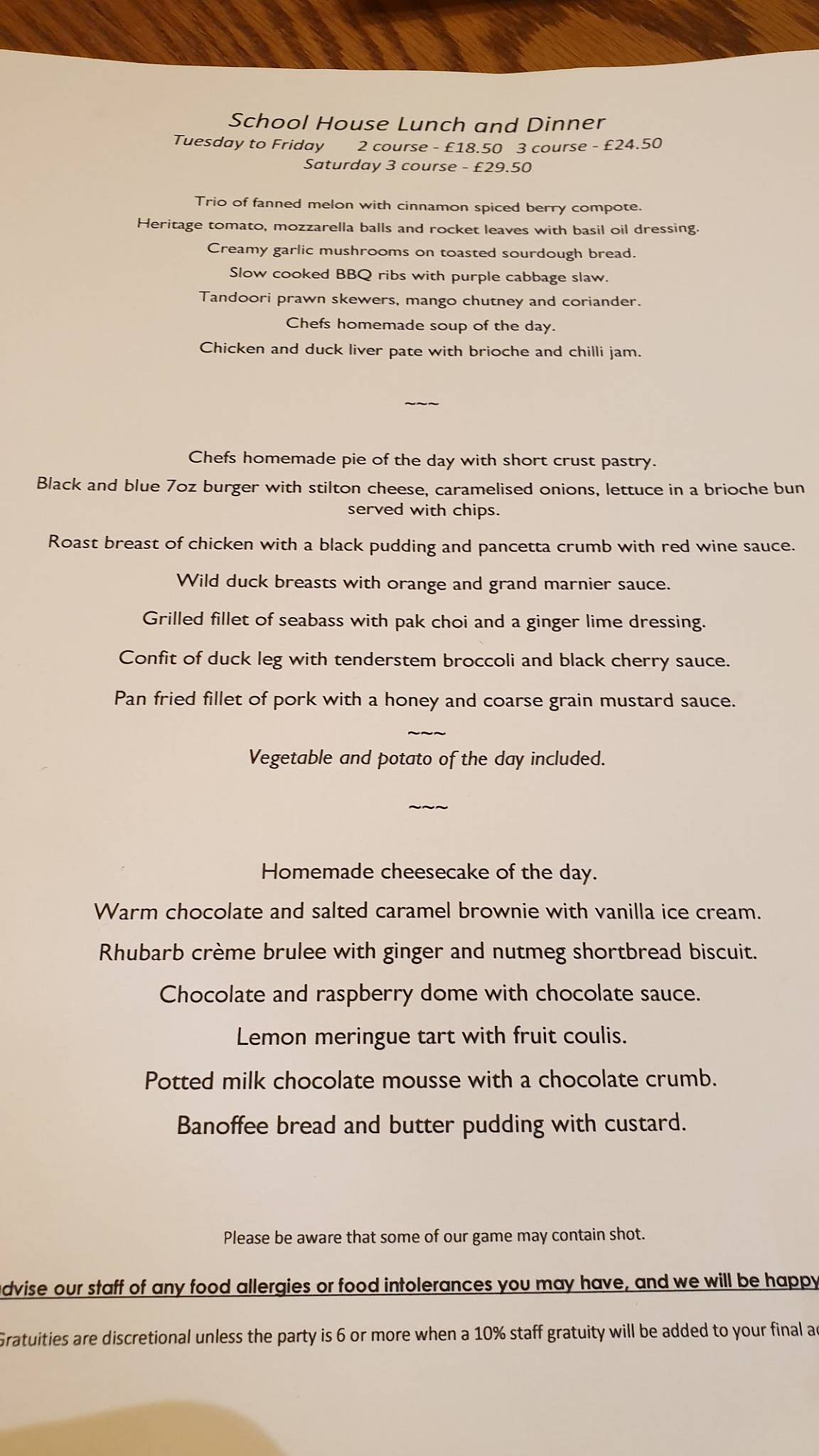 Menu at The School House Restaurant, Lichfield, Church Hill