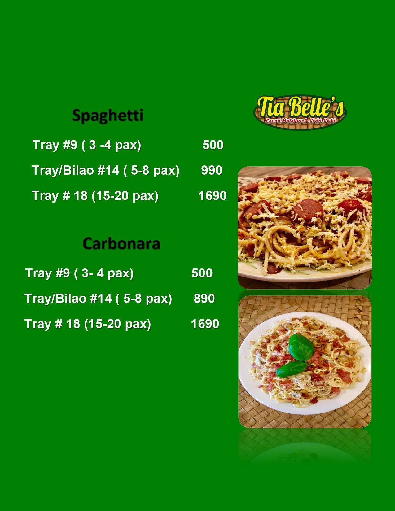 Menu at Tia Belle' Restaurant - Pansit Malabon & Pichi-Pichi, Silang