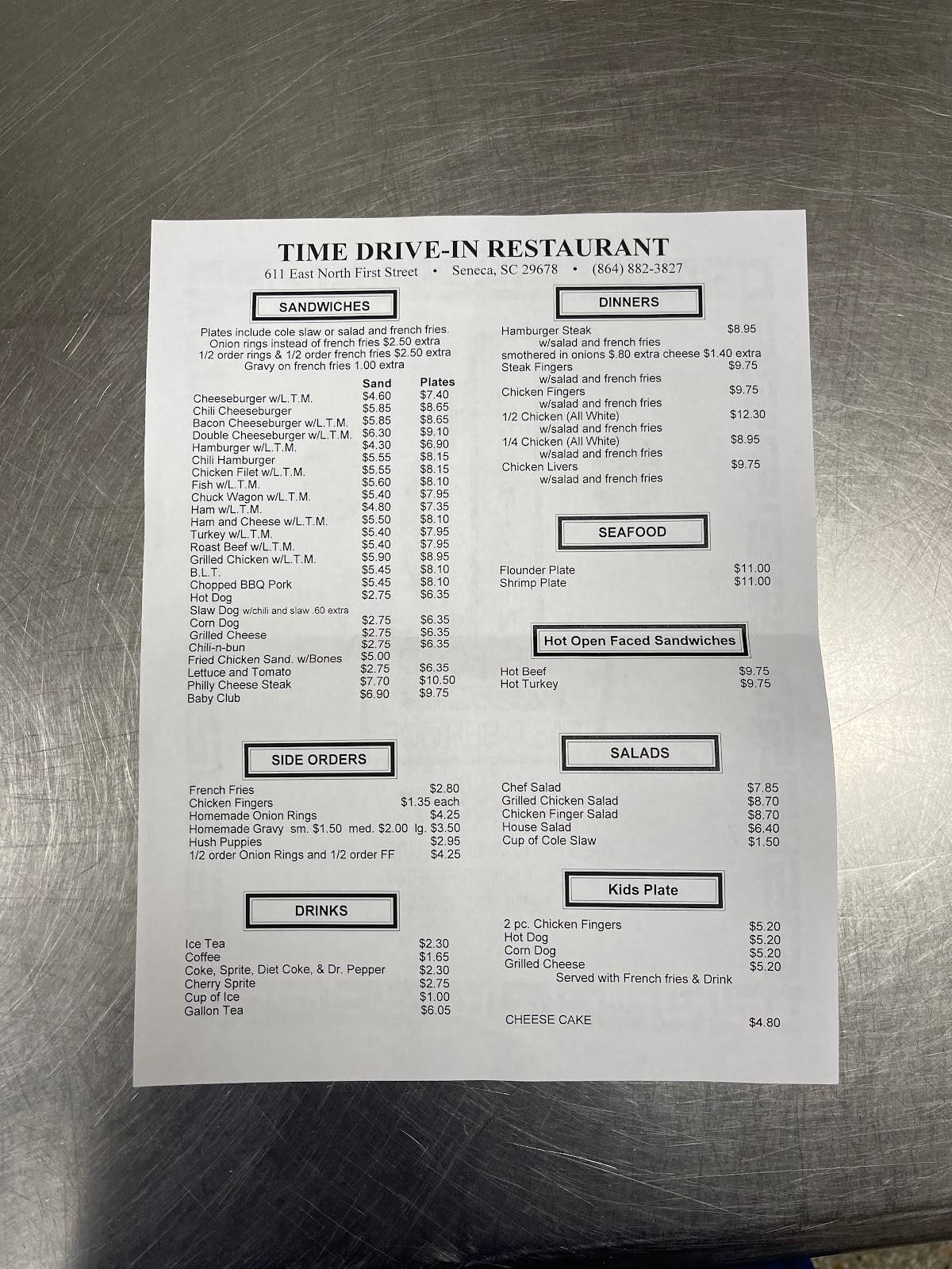 Menu at Time Drive In restaurant, Seneca