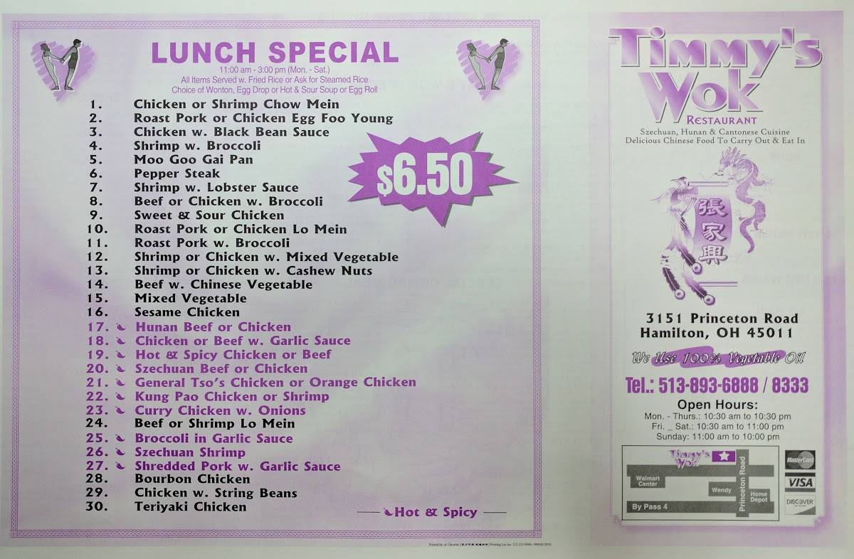 Menu at Timmy's Wok restaurant, Hamilton
