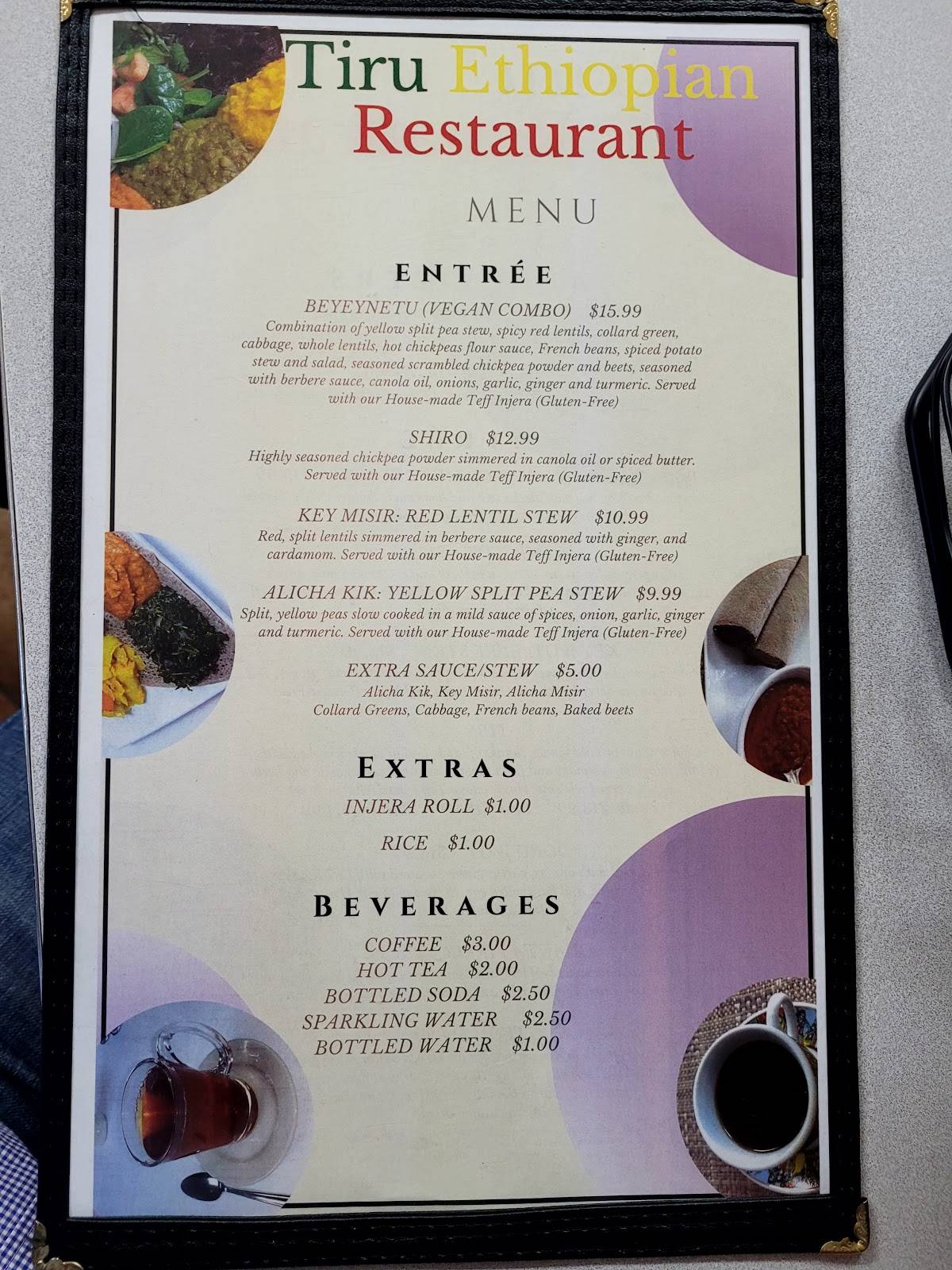 Menu at Tiru Ethiopian Restaurant, Lincoln