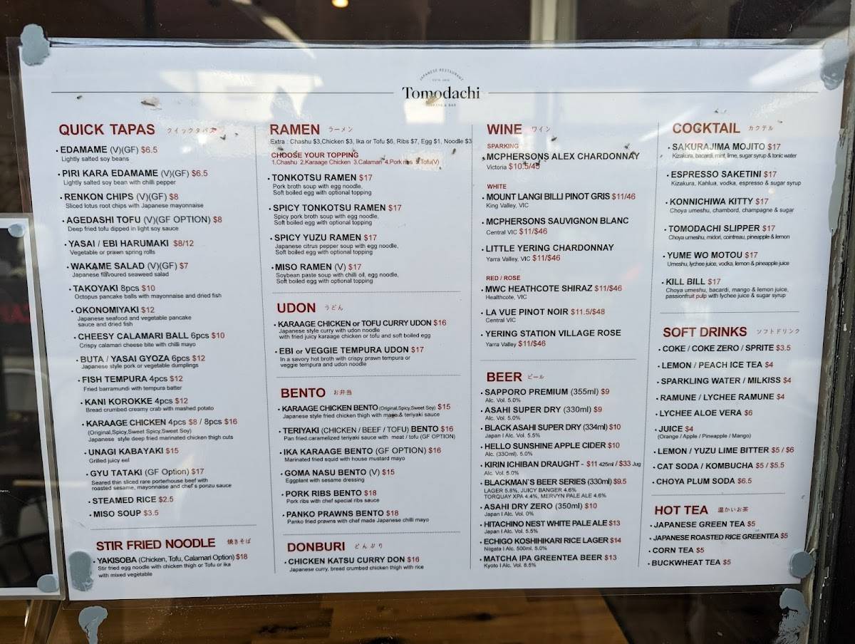 Menu at Tomodachi Izakaya & Bar, Geelong