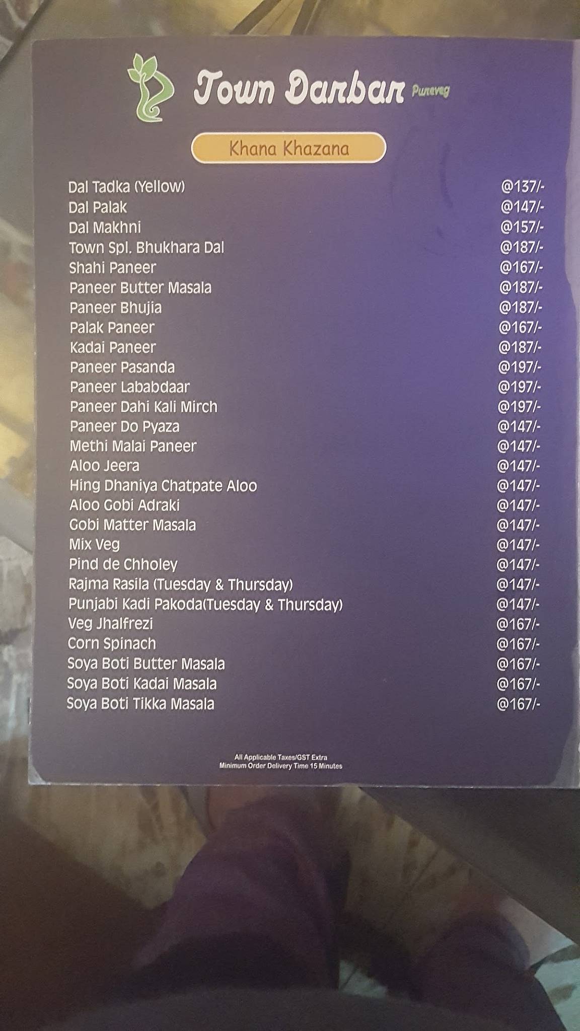Menu at Town Darbar, Faridabad, 1G/47