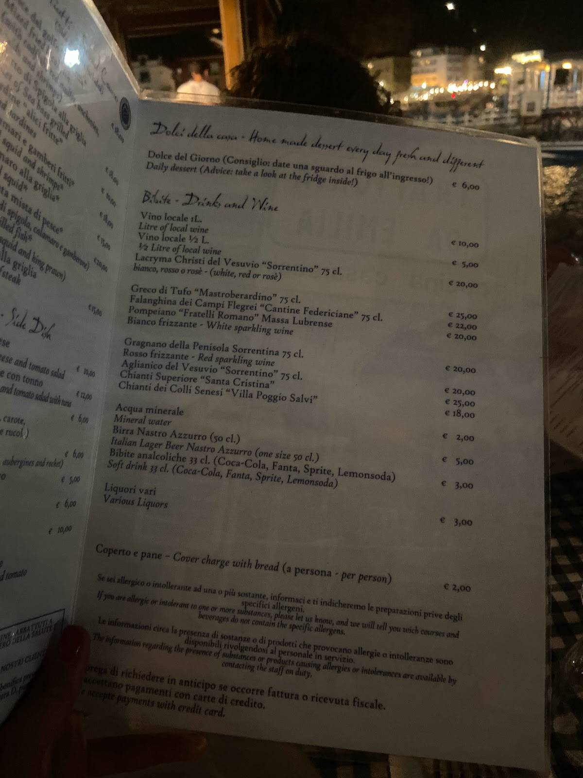 Menu at Trattoria Da Emilia restaurant, Sorrento