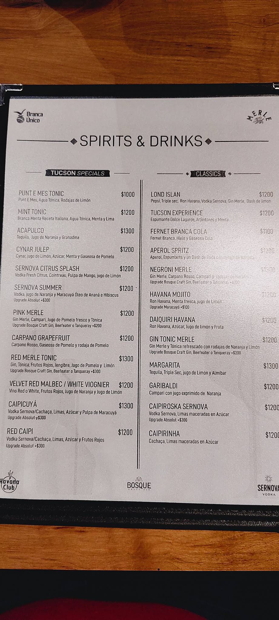 Menu at Tucson restaurant, Don Bosco