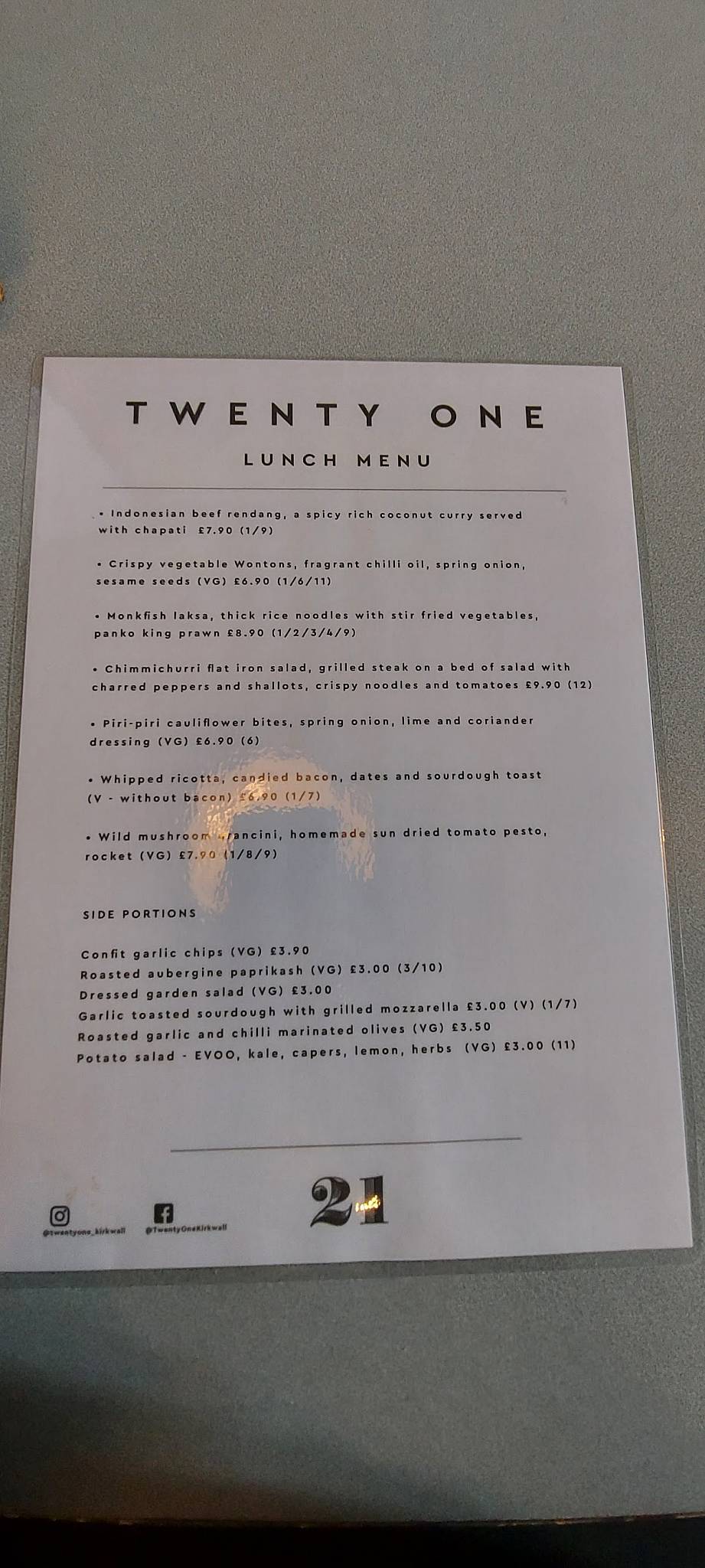 Menu at Twenty One restaurant, Kirkwall