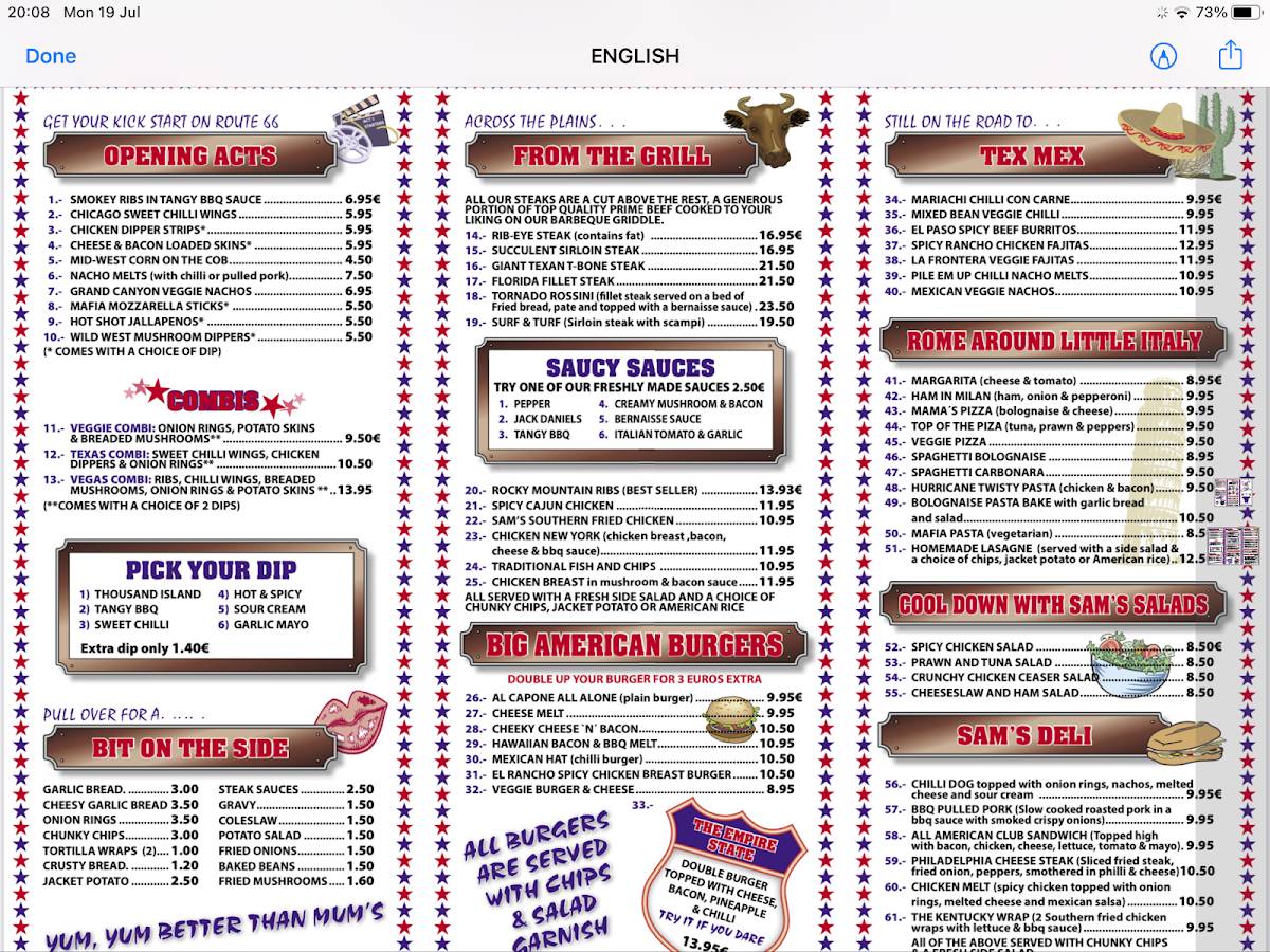Menu at Uncle Sam's steakhouse, Salou