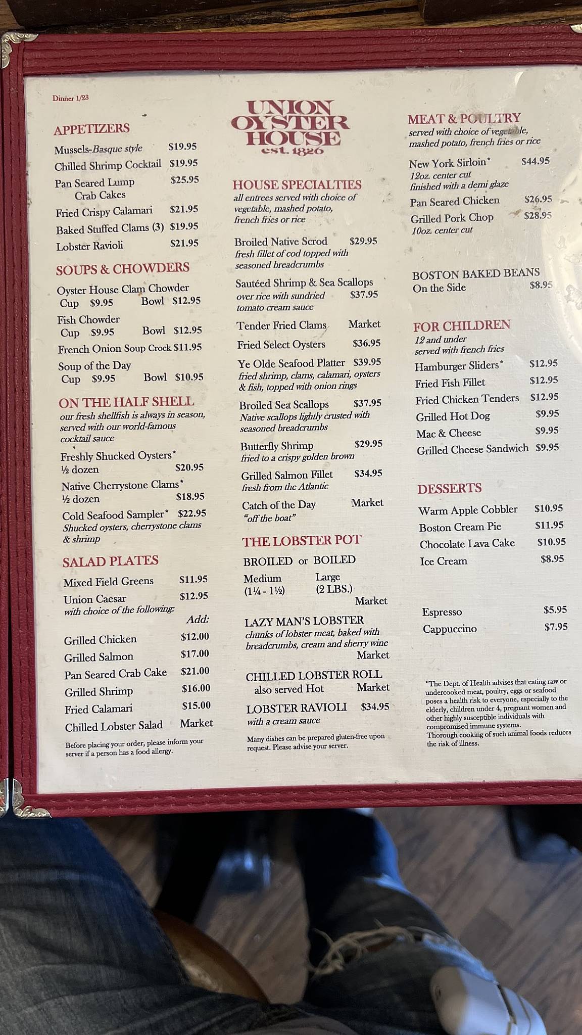 Menu at Union Oyster House restaurant, Boston