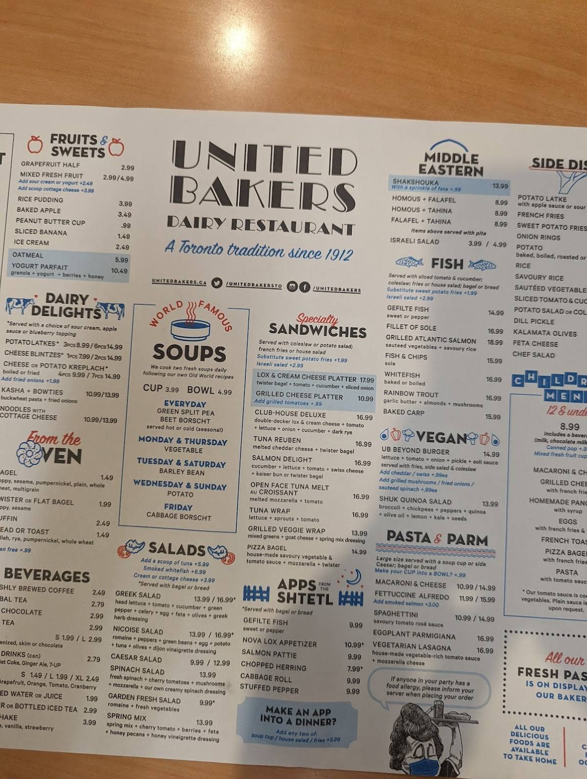 Menu at United Bakers Dairy Restaurant, Toronto