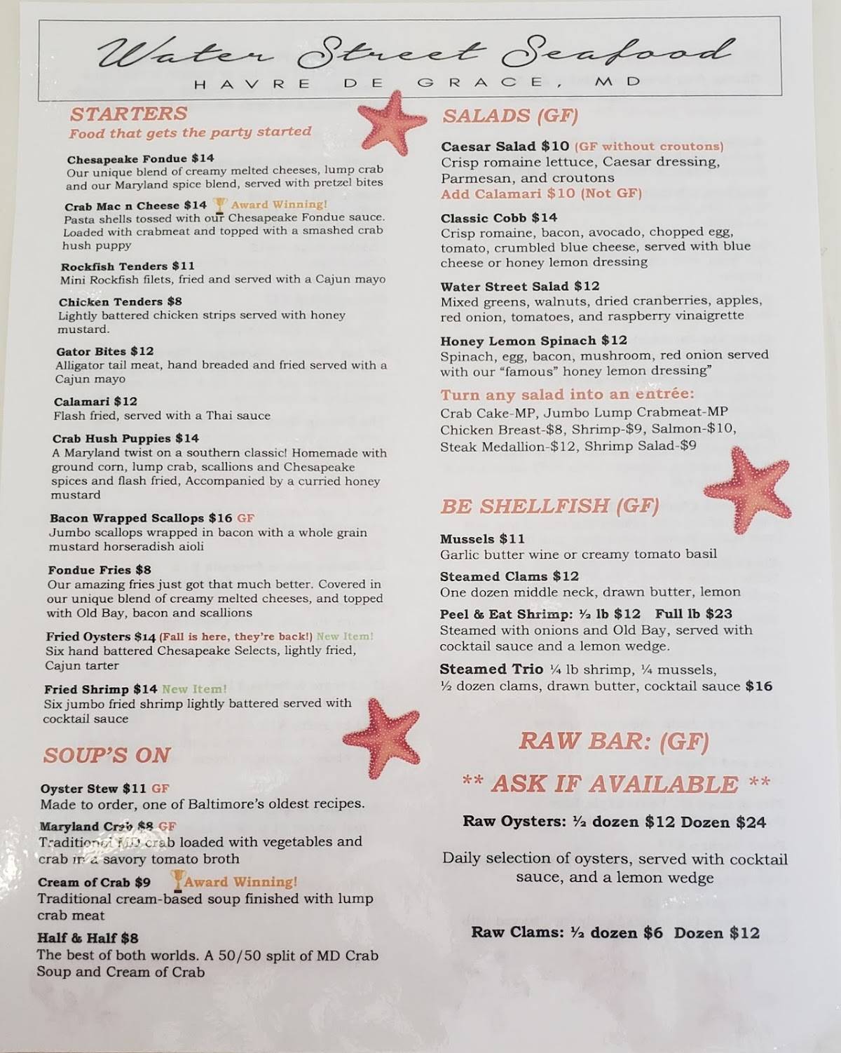 Menu at Water Street Seafood restaurant, Havre de Grace