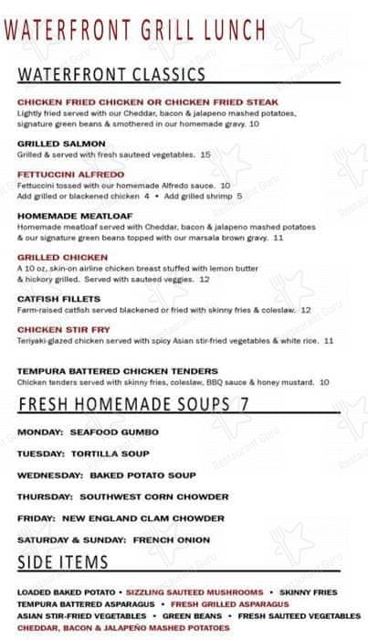 Menu at Waterfront Grill Tulsa restaurant, Jenks