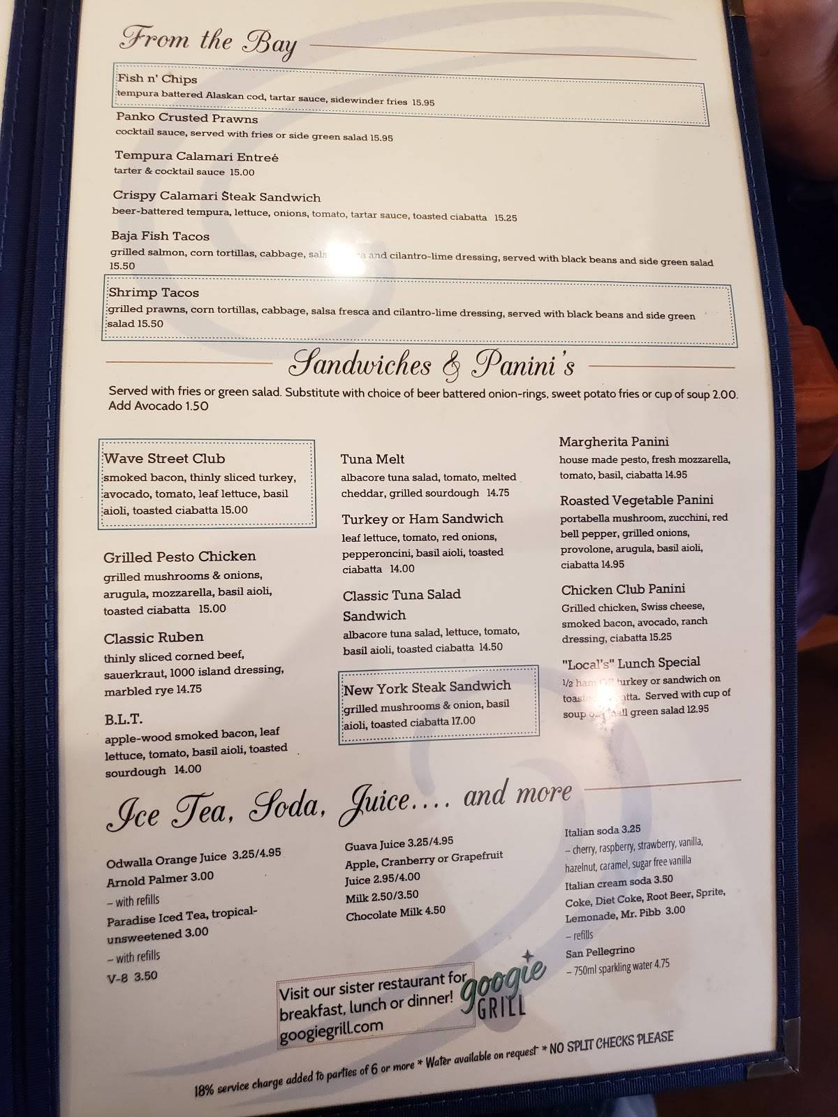 Menu at Wave Street Cafe, Monterey