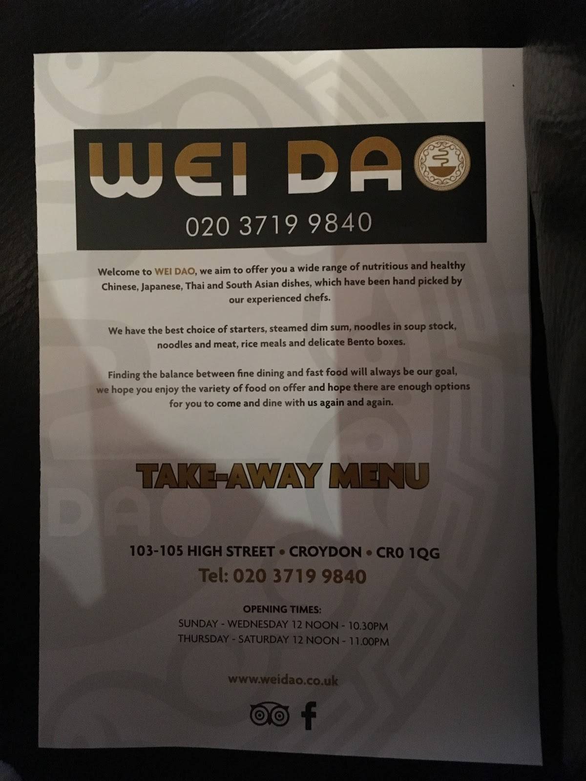 Menu at Wei Dao Chinese Restaurant, Croydon