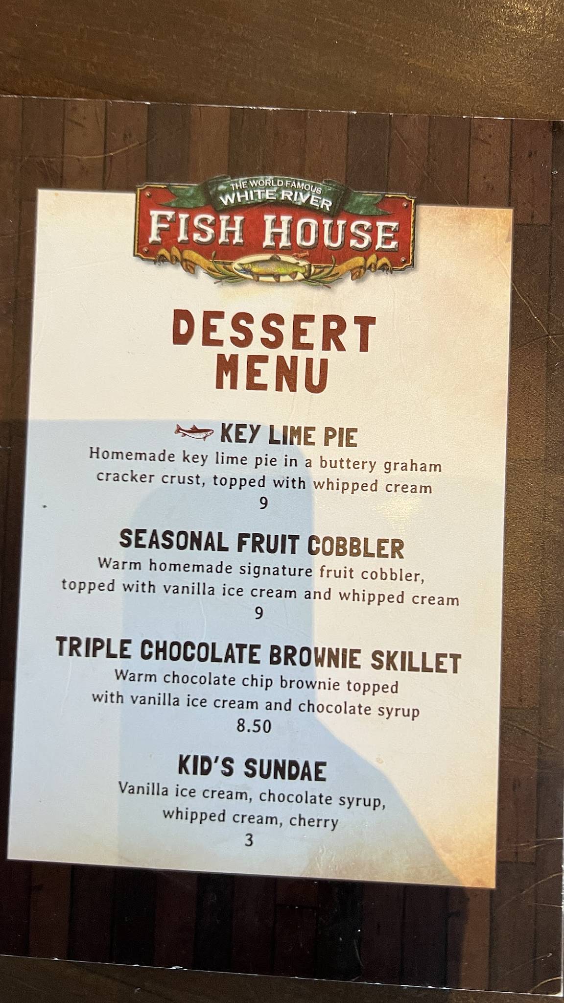 Menu at White River Fish House restaurant, Branson