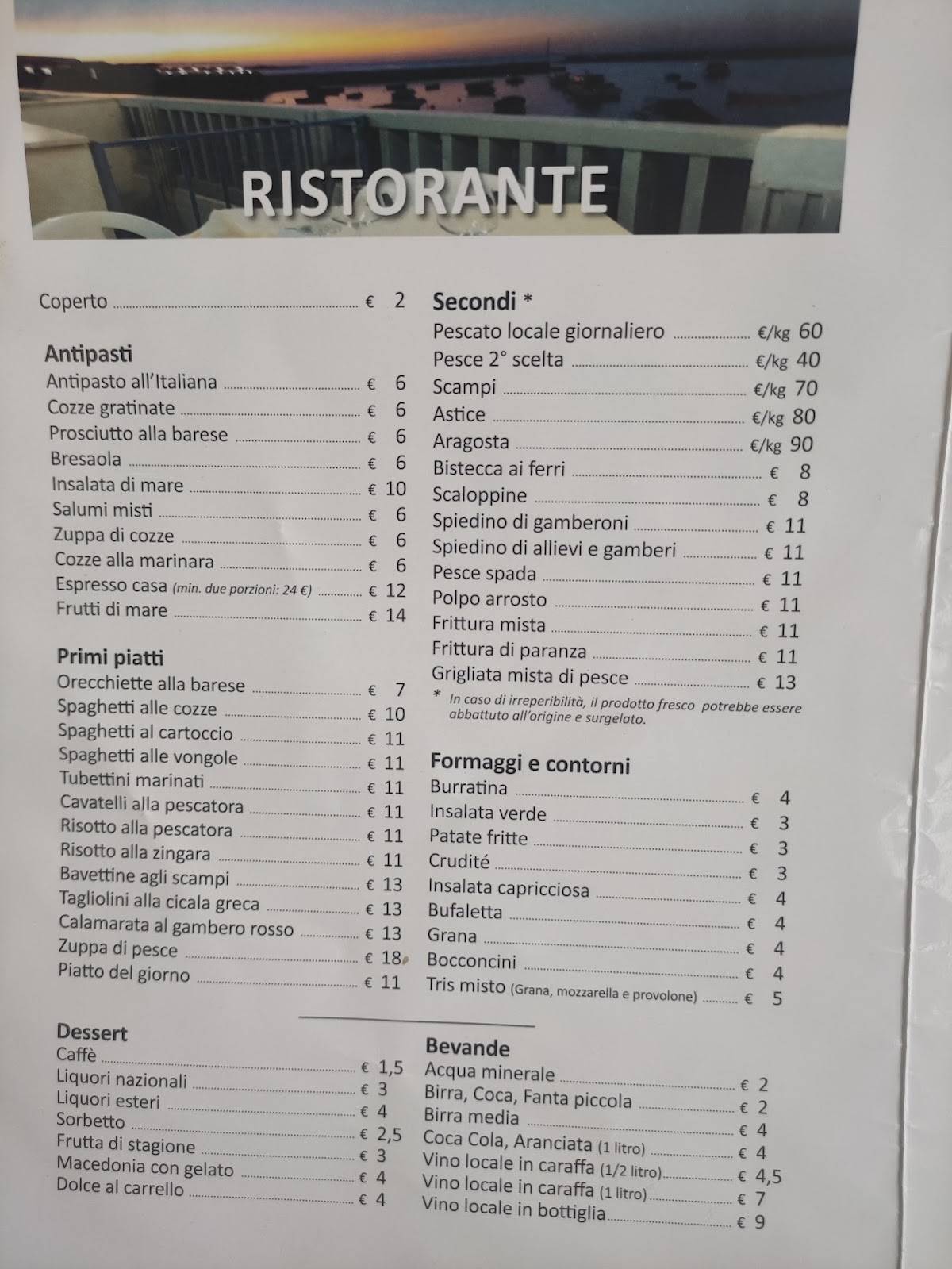 Menu da Zia Teresa ristorante, Bari