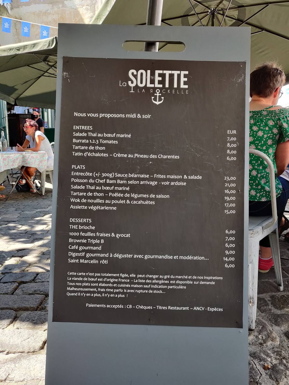 Menu au la Solette restaurant, La Rochelle