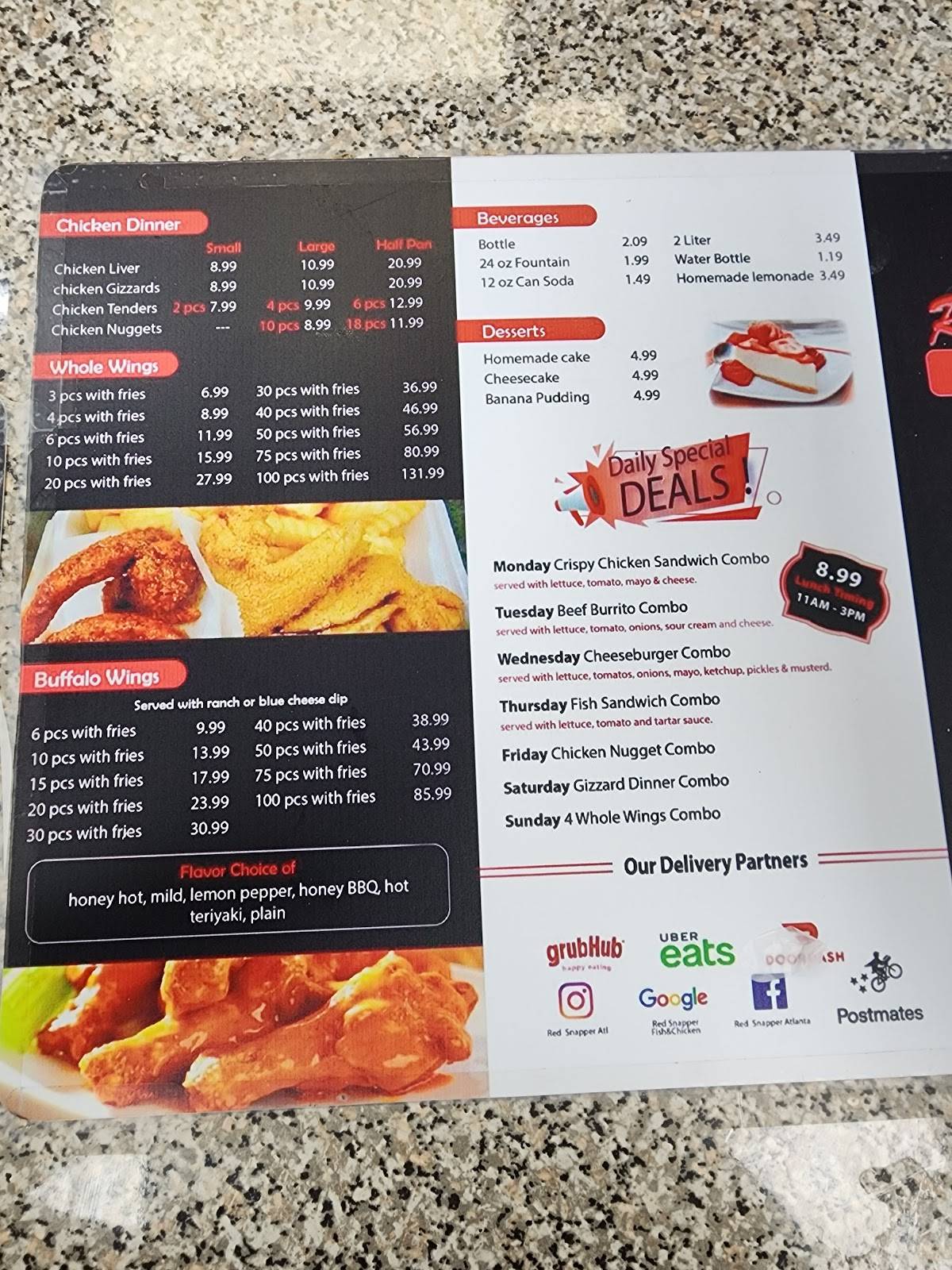 Menu at red snapper fish & chicken restaurant, Hapeville