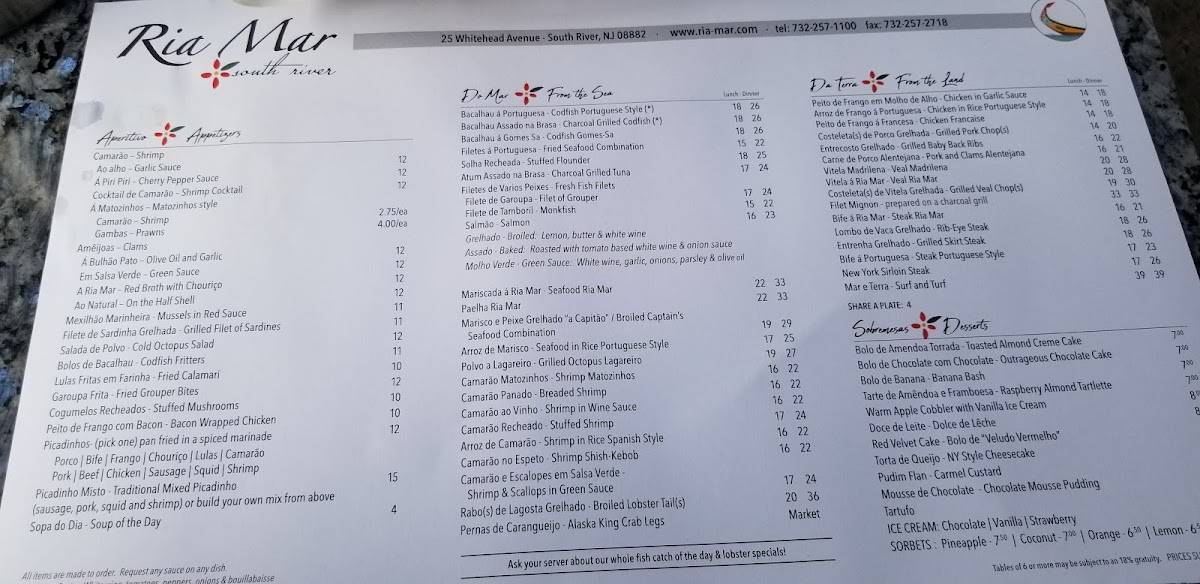 Menu at Ria Mar Restaurant & Bar, South River