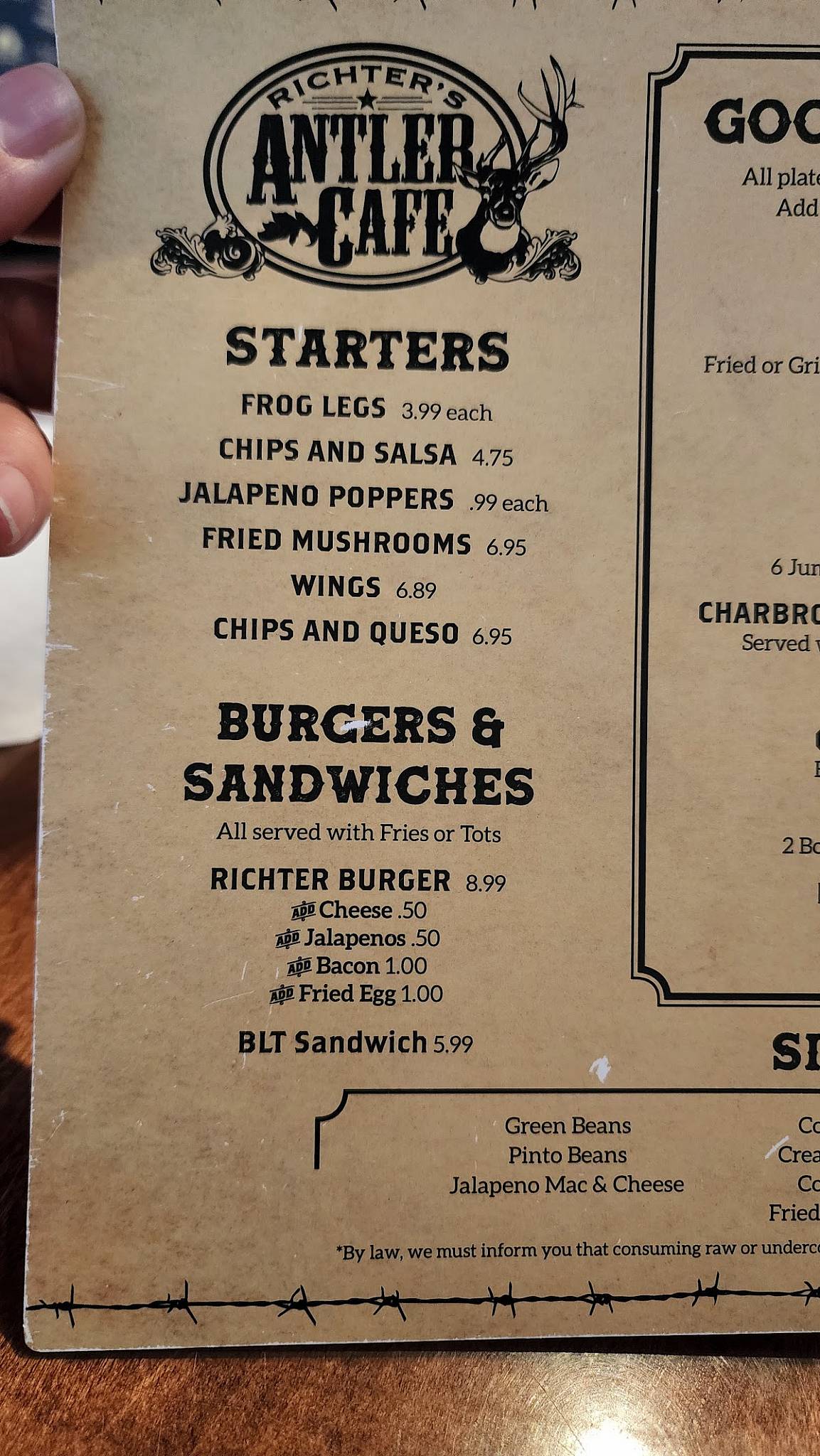 Menu at Richter's Antler Cafe, Spring Branch