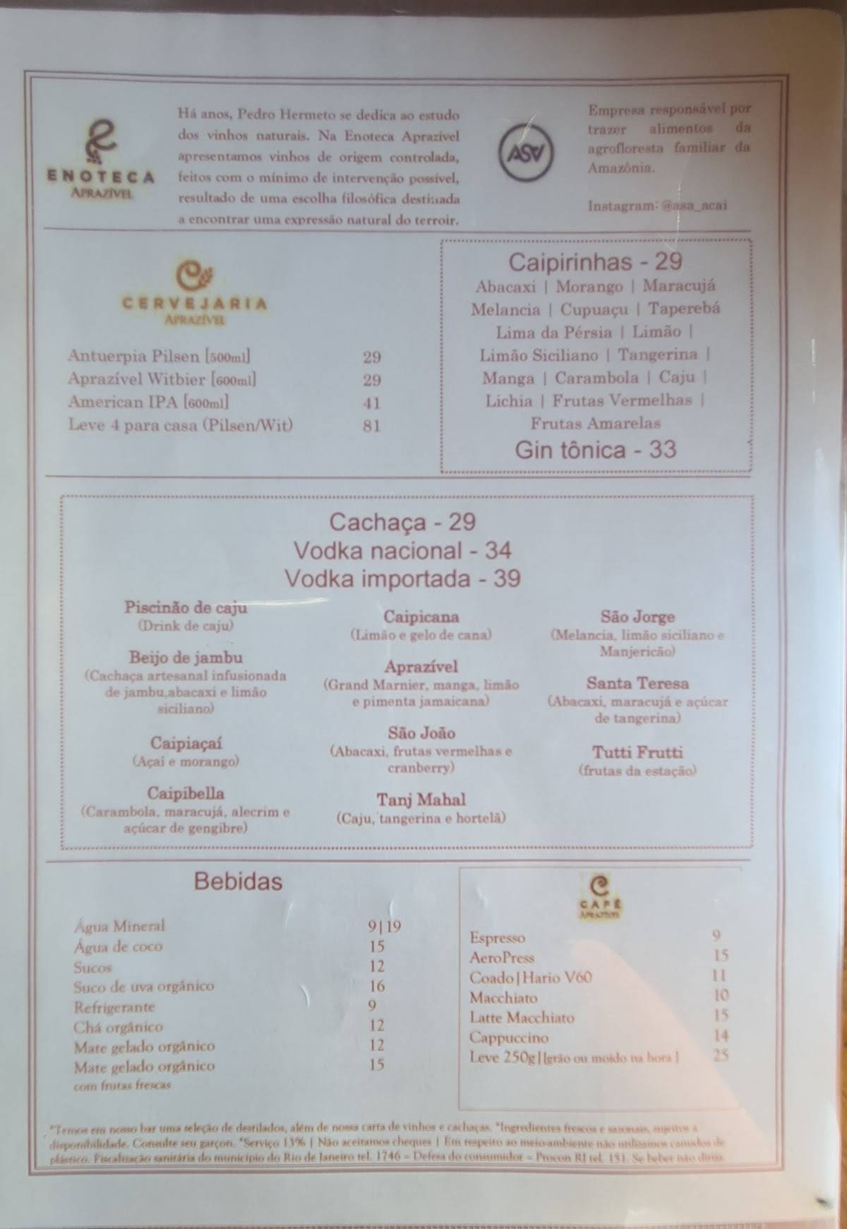 Menu em Aprazível restaurante, Rio de Janeiro