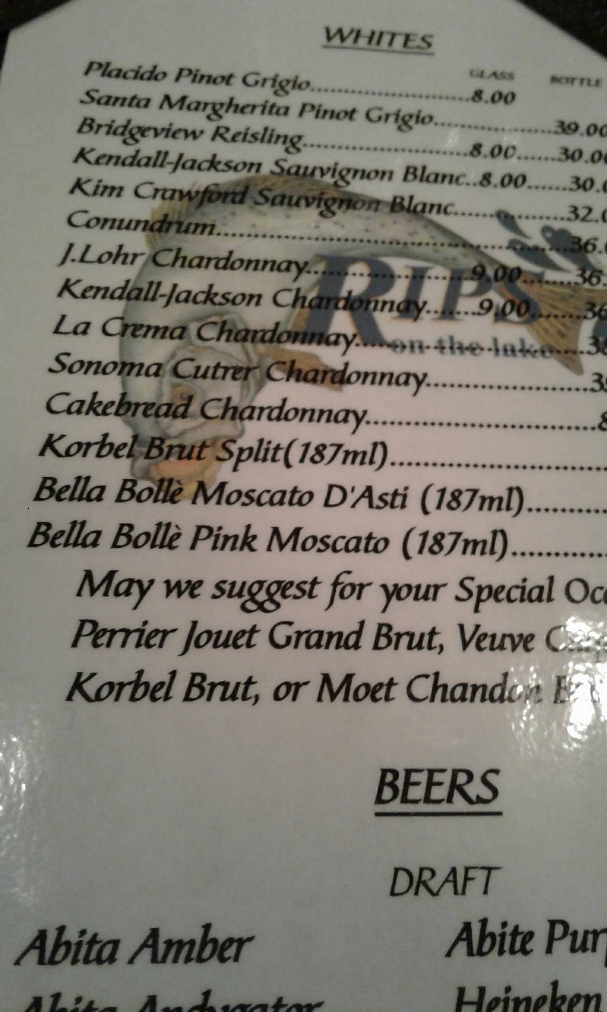 Menu at Rips On the Lake restaurant, Mandeville