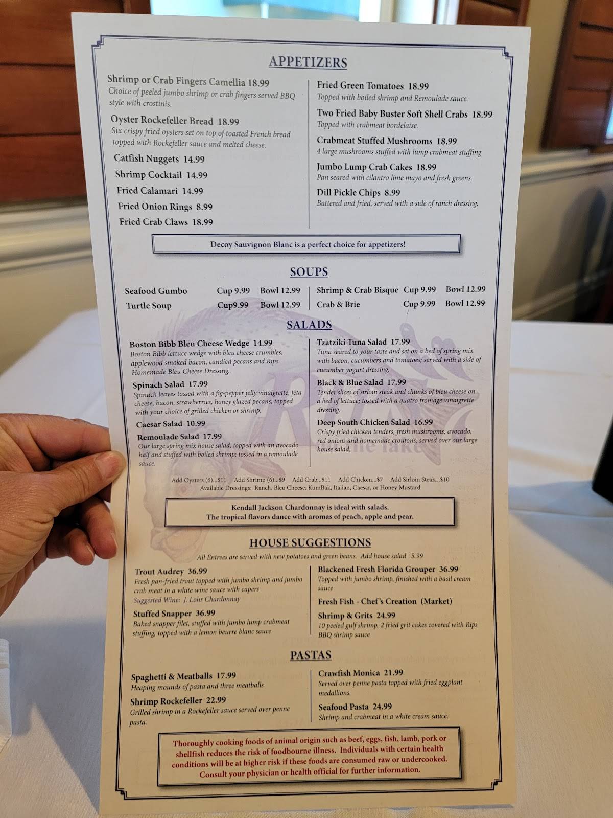 Menu at Rips On the Lake restaurant, Mandeville