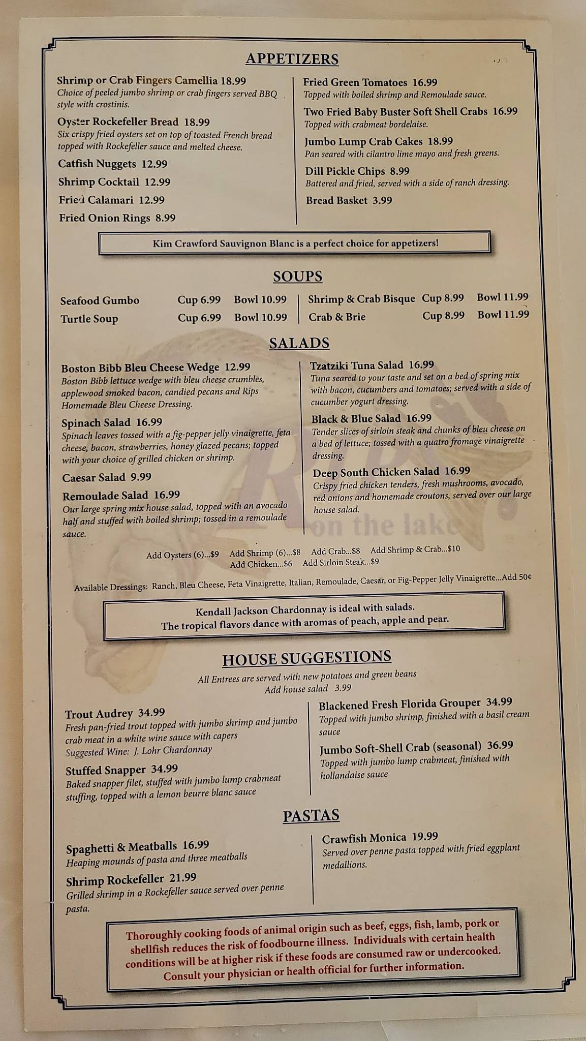 Menu at Rips On the Lake restaurant, Mandeville