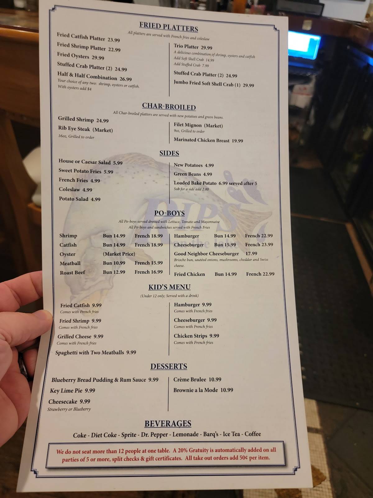 Menu at Rips On the Lake restaurant, Mandeville