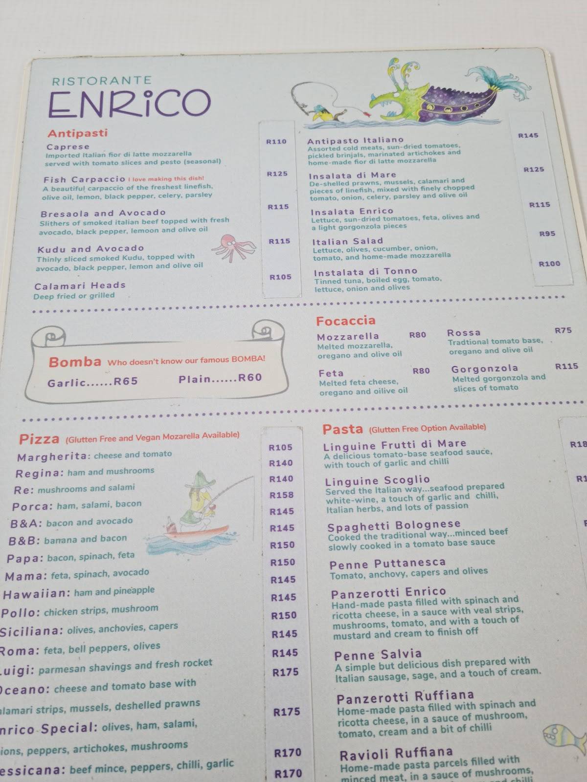 Menu at Ristorante Enrico restaurant, Keurboomstrand