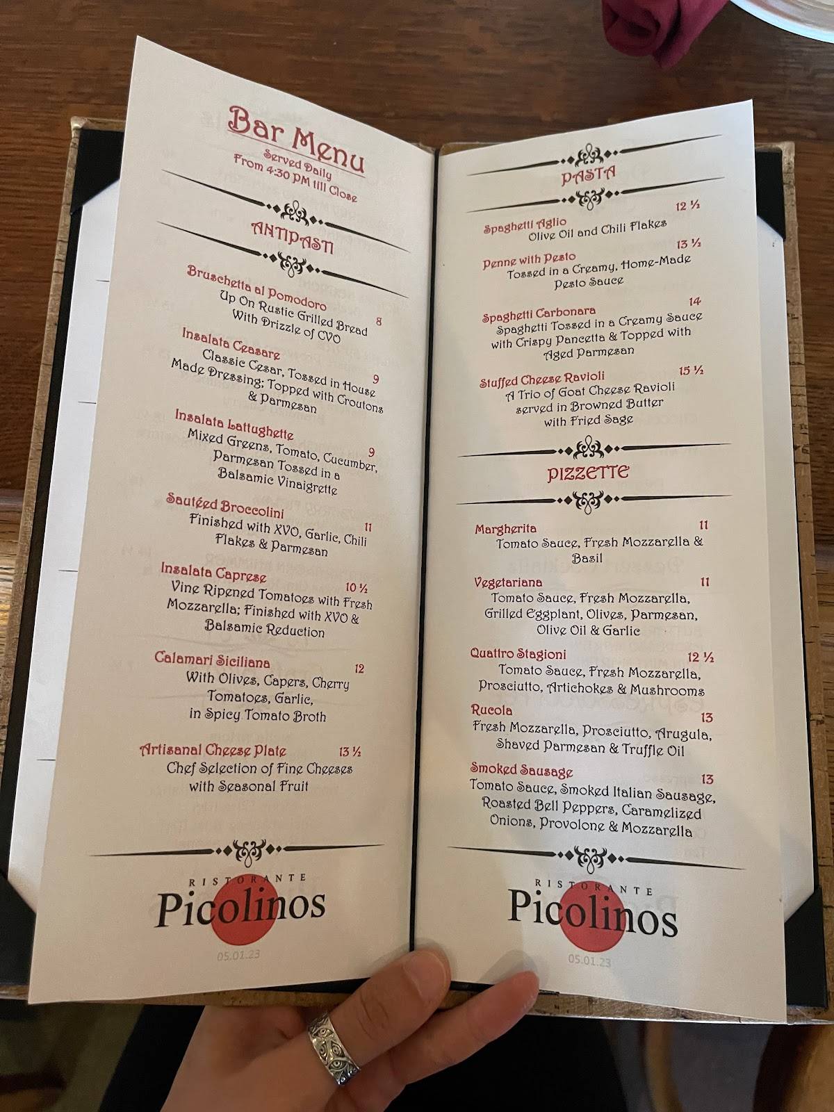 Menu at Ristorante Picolinos pub & bar, Seattle