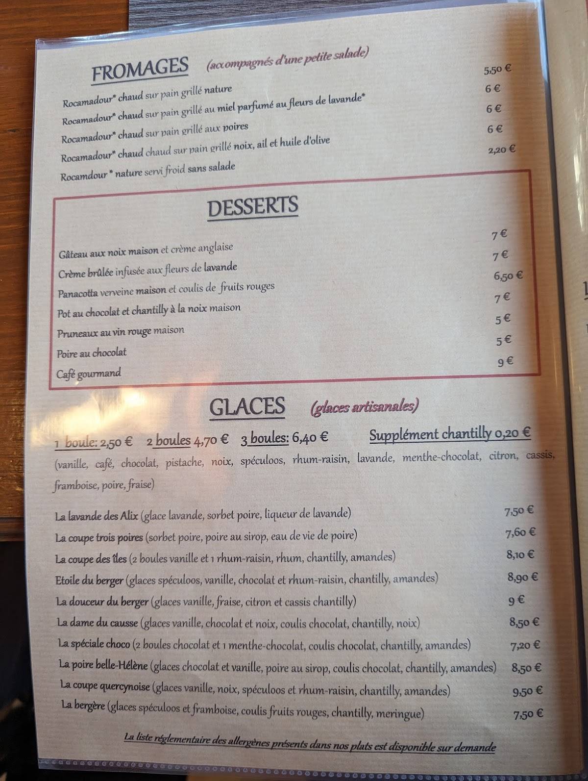 Menu au Le Roc du Berger restaurant, Rocamadour, Bois de Belveyre route ...