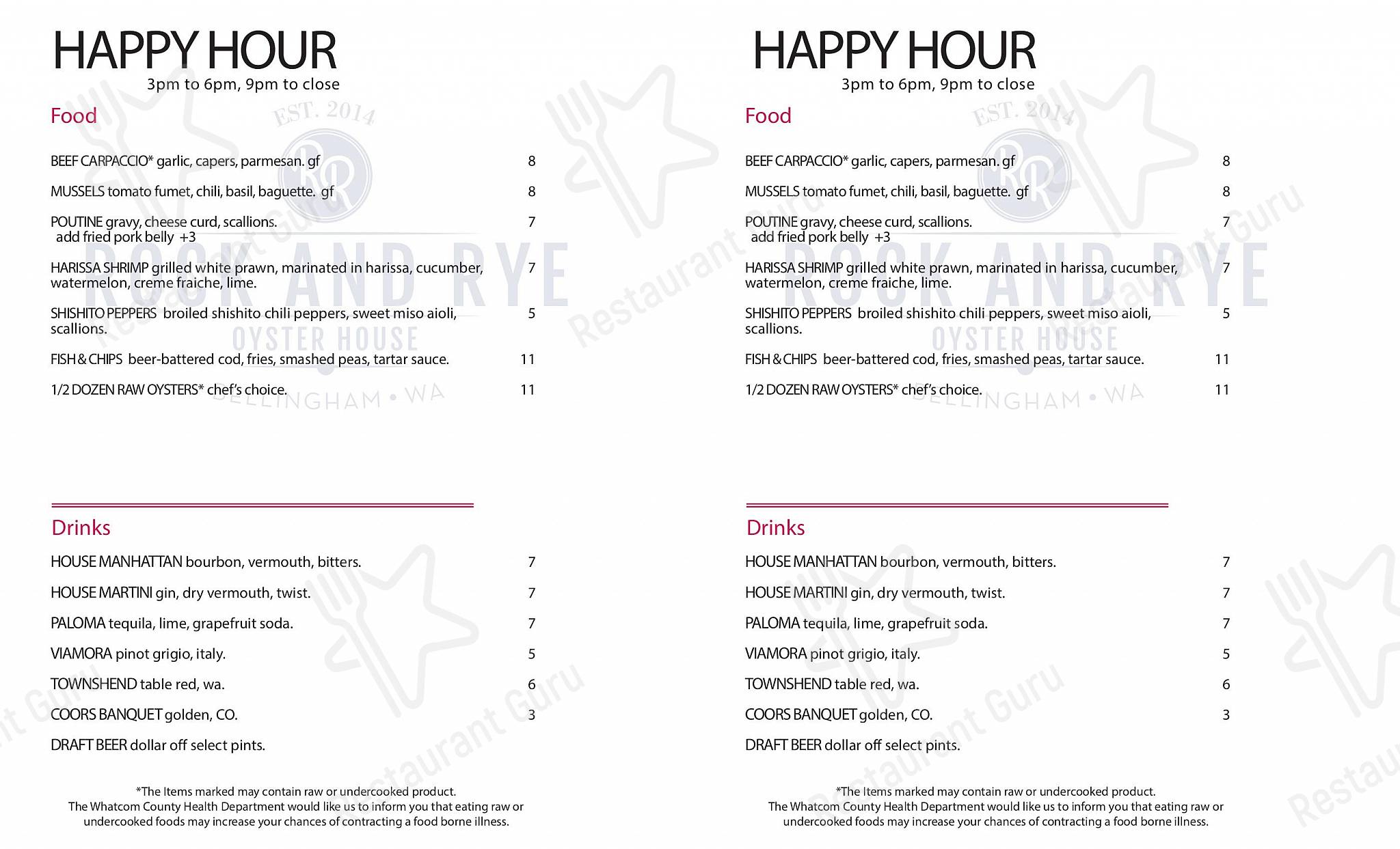 Menu at Rock and Rye Oyster House pub & bar, Bellingham