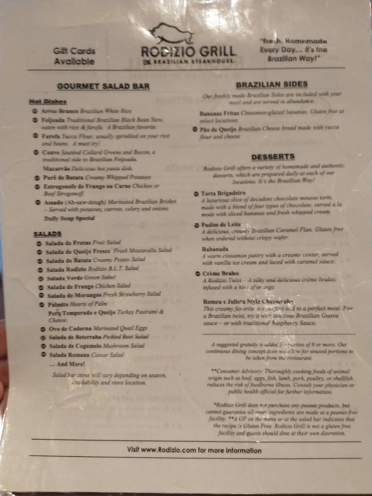 Menu at Rodizio Grill Brazilian Steakhouse Estero, Estero