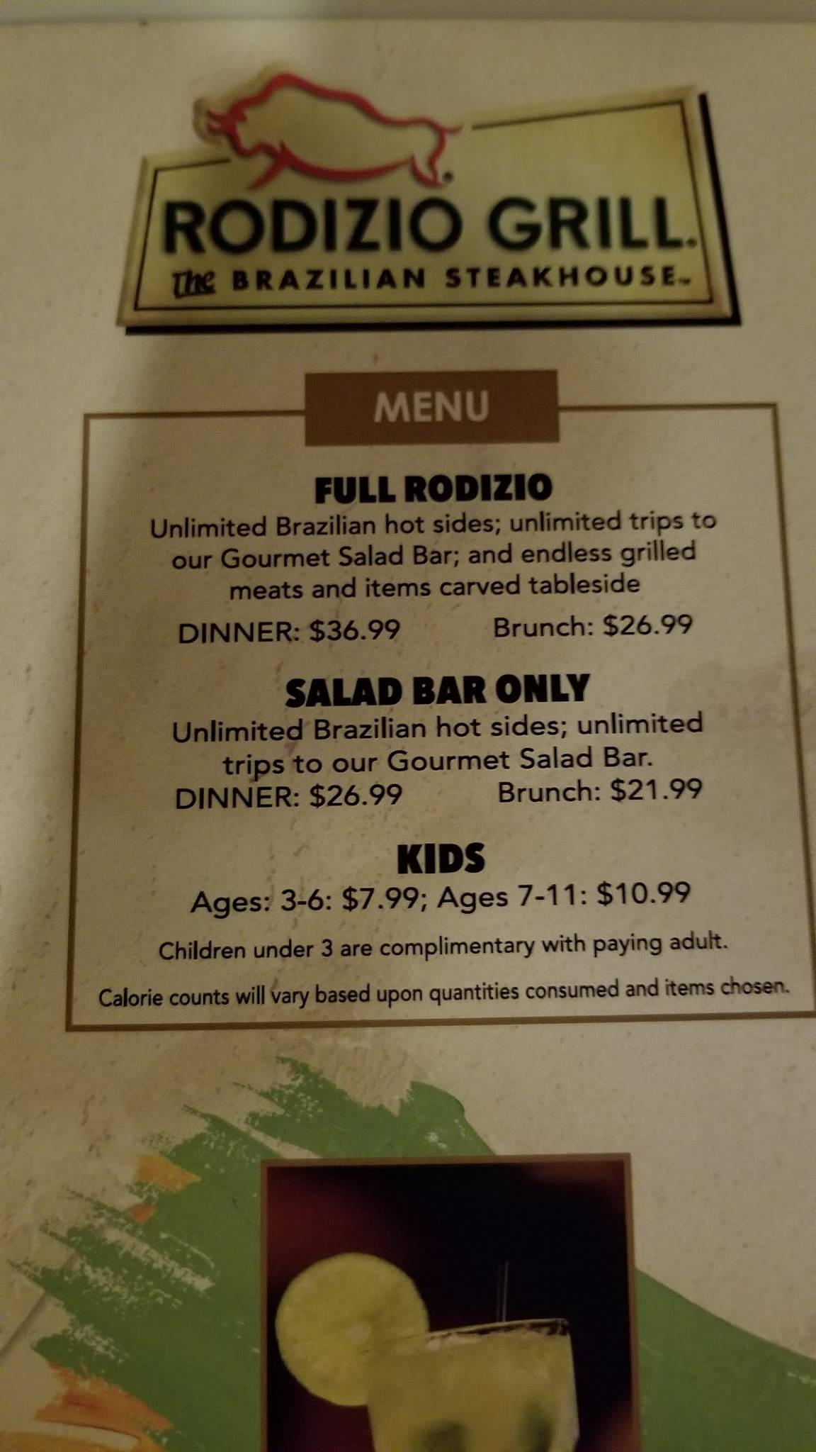 Menu at Rodizio Grill Brazilian Steakhouse Estero, Estero