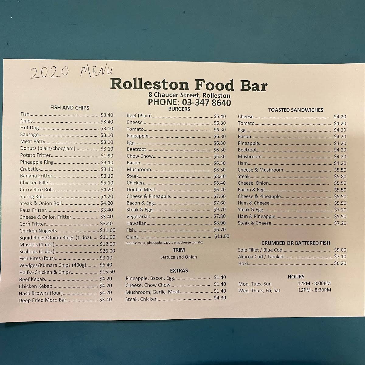Menu at Rolleston Food Bar, Rolleston