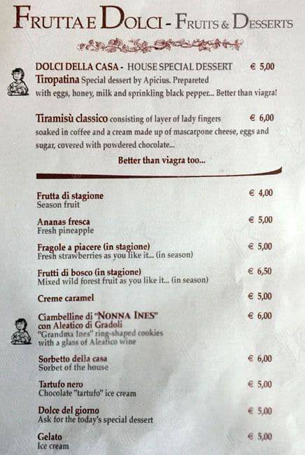 Menu at Hostaria Antica Roma restaurant, Rome, Via Appia Antica