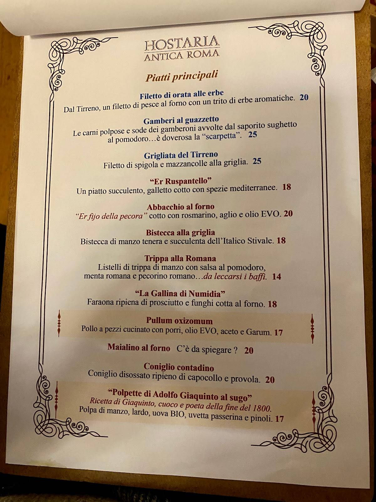 Menu at Hostaria Antica Roma restaurant, Rome, Via Appia Antica
