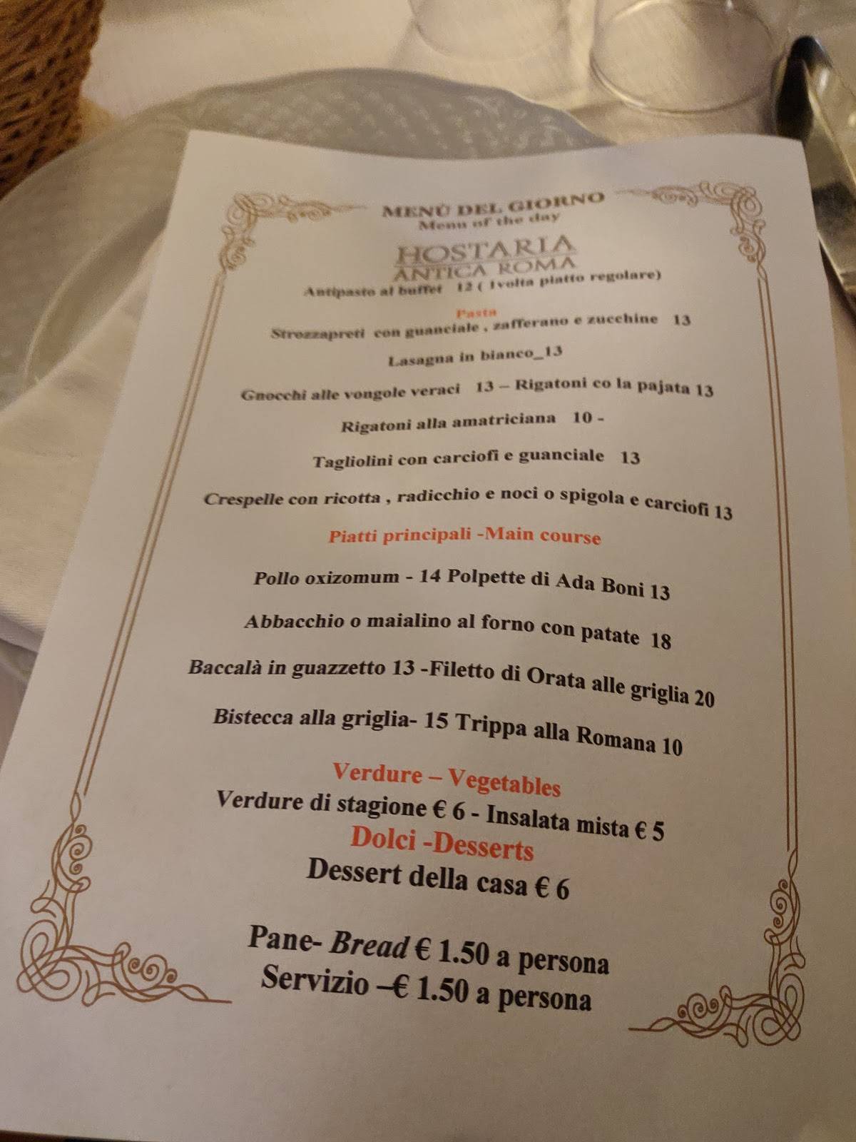 Menu at Hostaria Antica Roma restaurant, Rome, Via Appia Antica