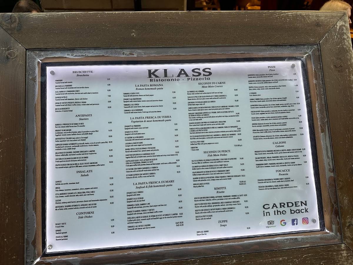 Menu at Klass Restaurant, Rome, Via in Arcione