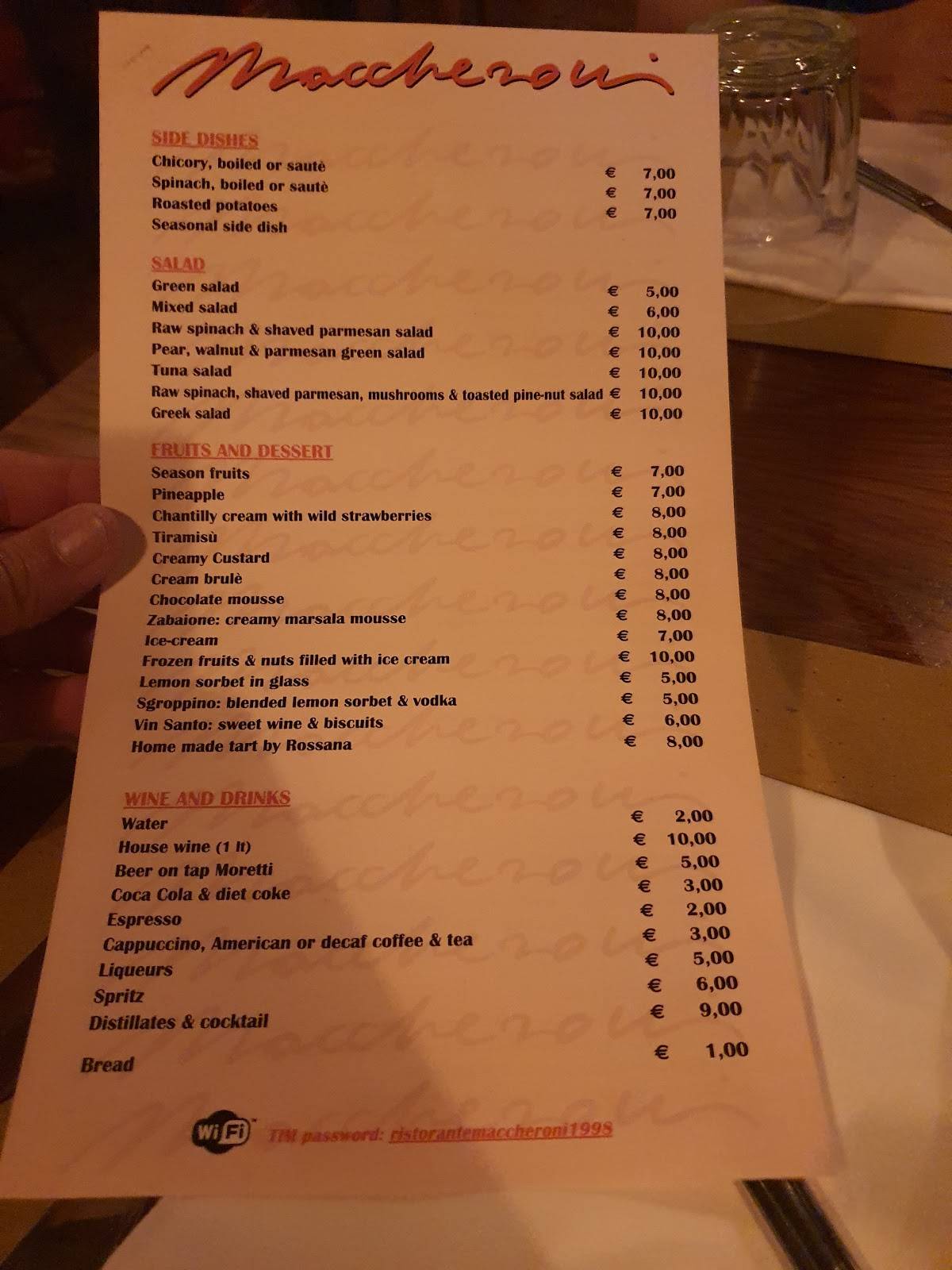 Menu at Maccheroni restaurant, Rome, Piazza delle Coppelle